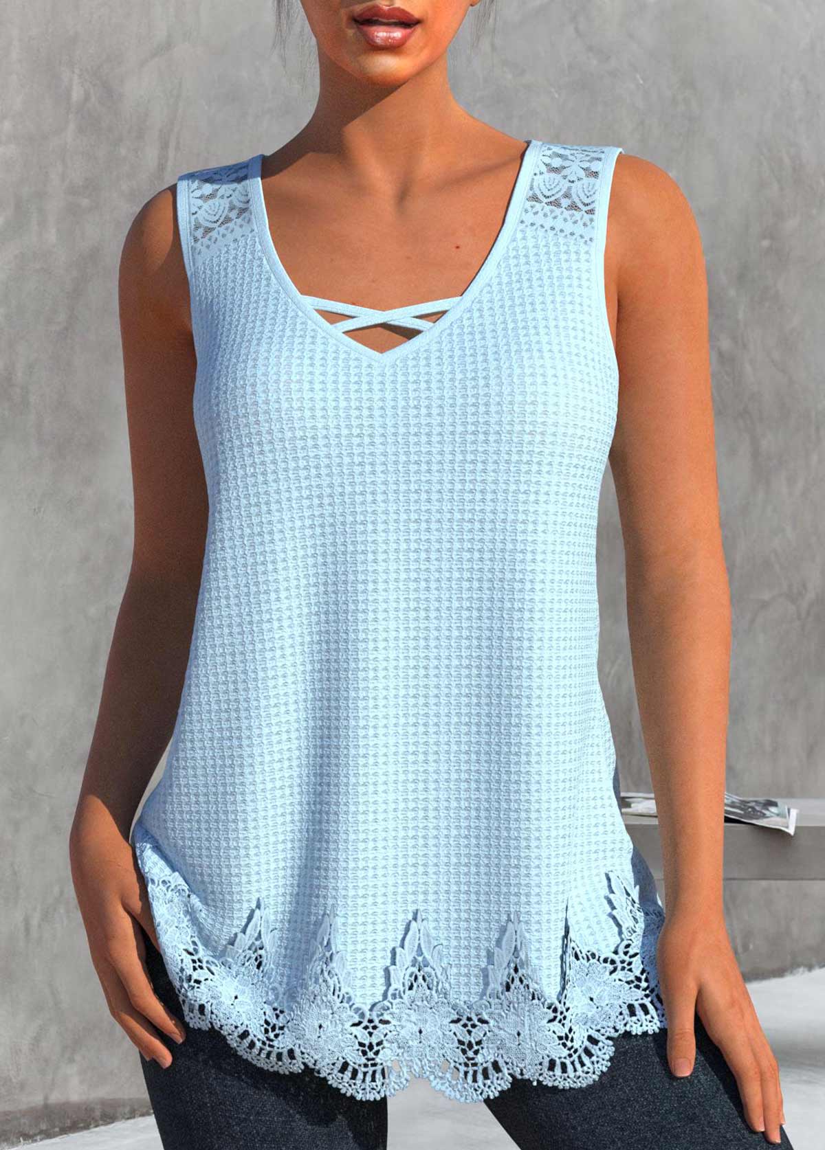 Light Blue V Neck Lace Tank Top | Rosewe.com - USD $33.98
