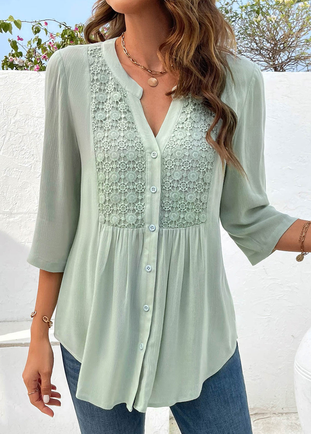 Split Neck Button Light Green Short Sleeve Blouse | Rosewe.com - USD $34.98
