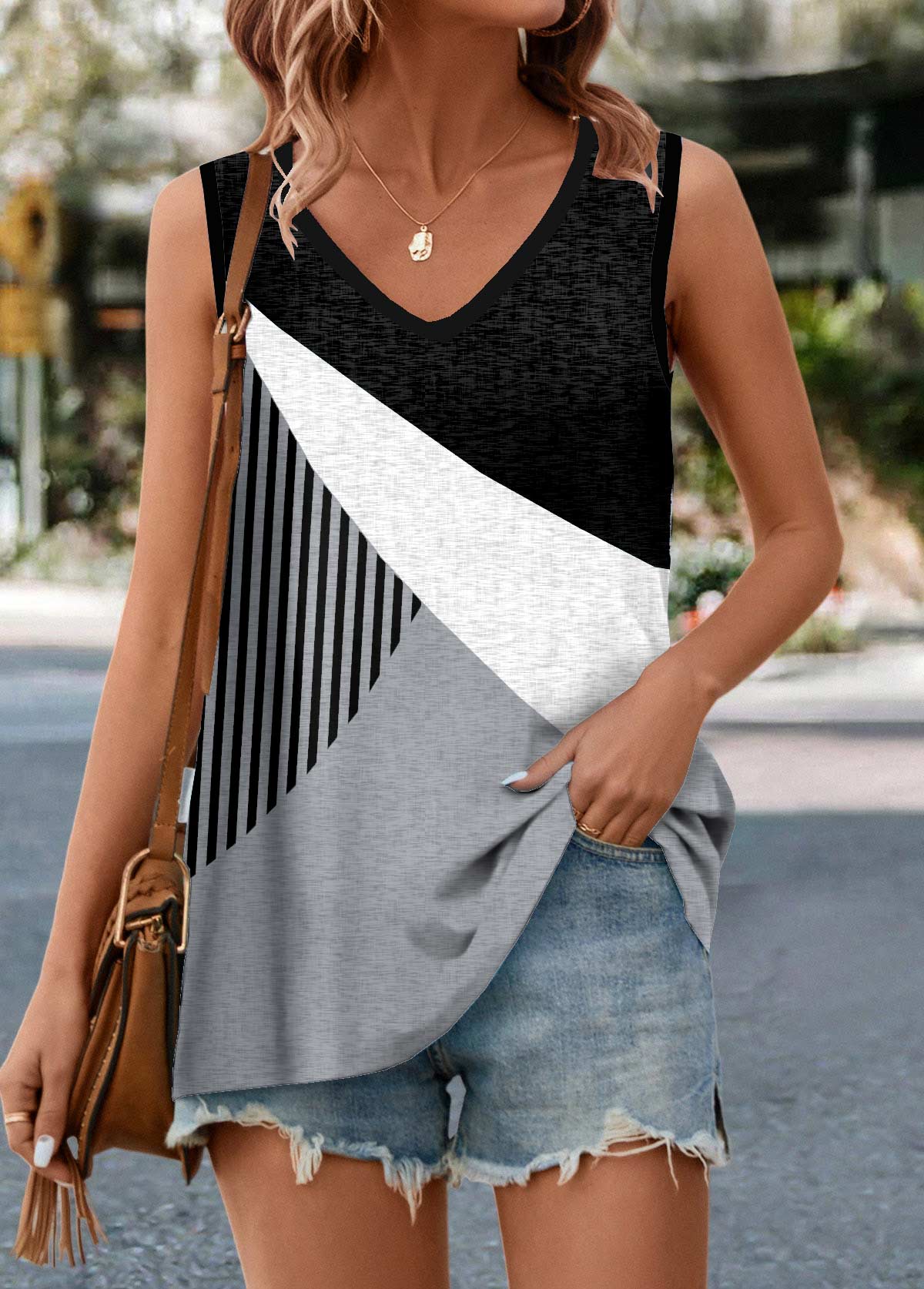 Grey Tunic V Neck Tank Top | Rosewe.com - USD $29.98