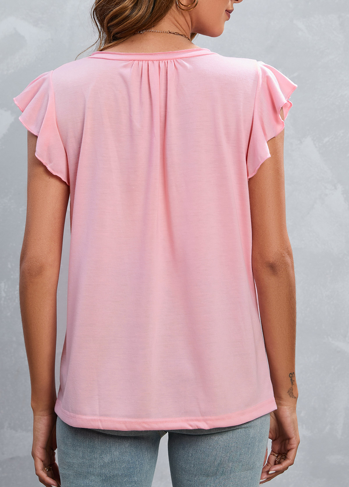 Ruffle Ruched Light Pink Split Neck T Shirt | Rosewe.com - USD $23.98