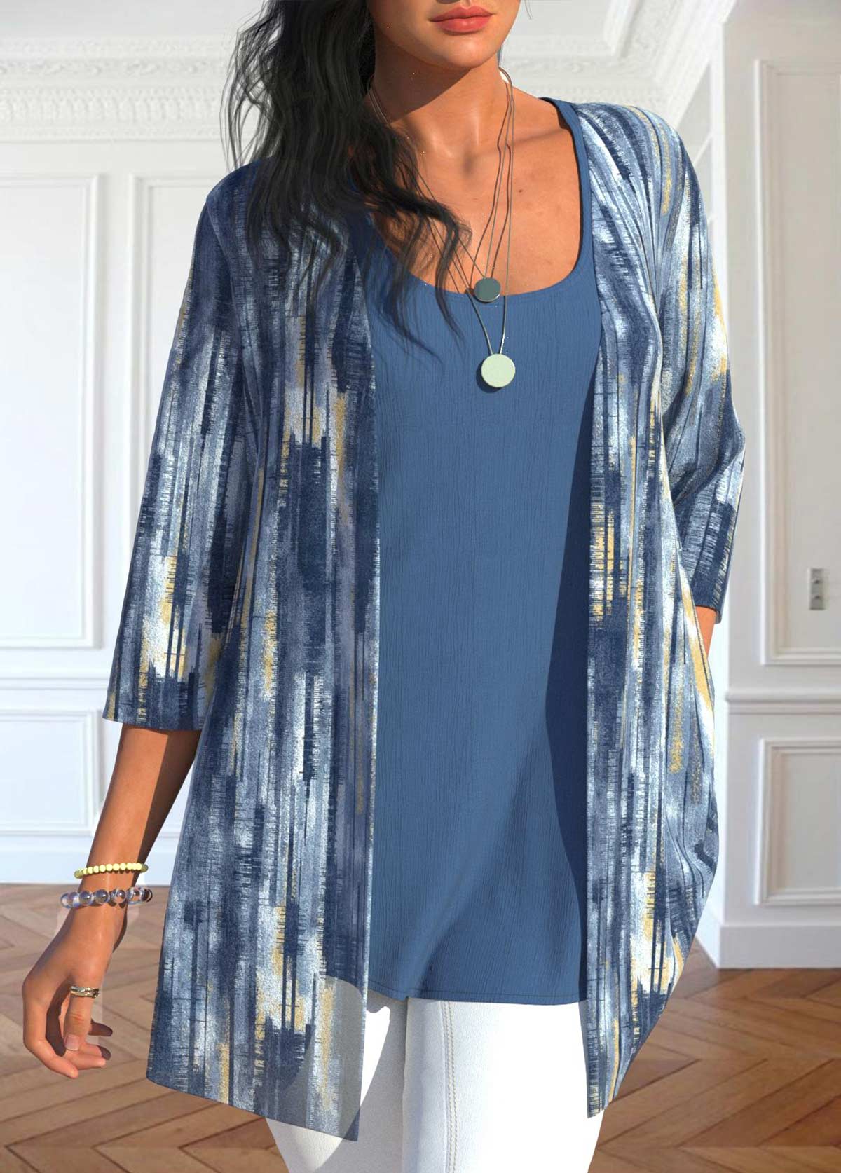 Plus Size Patchwork Dusty Blue Cardigan and Tank Top | Rosewe.com - USD ...