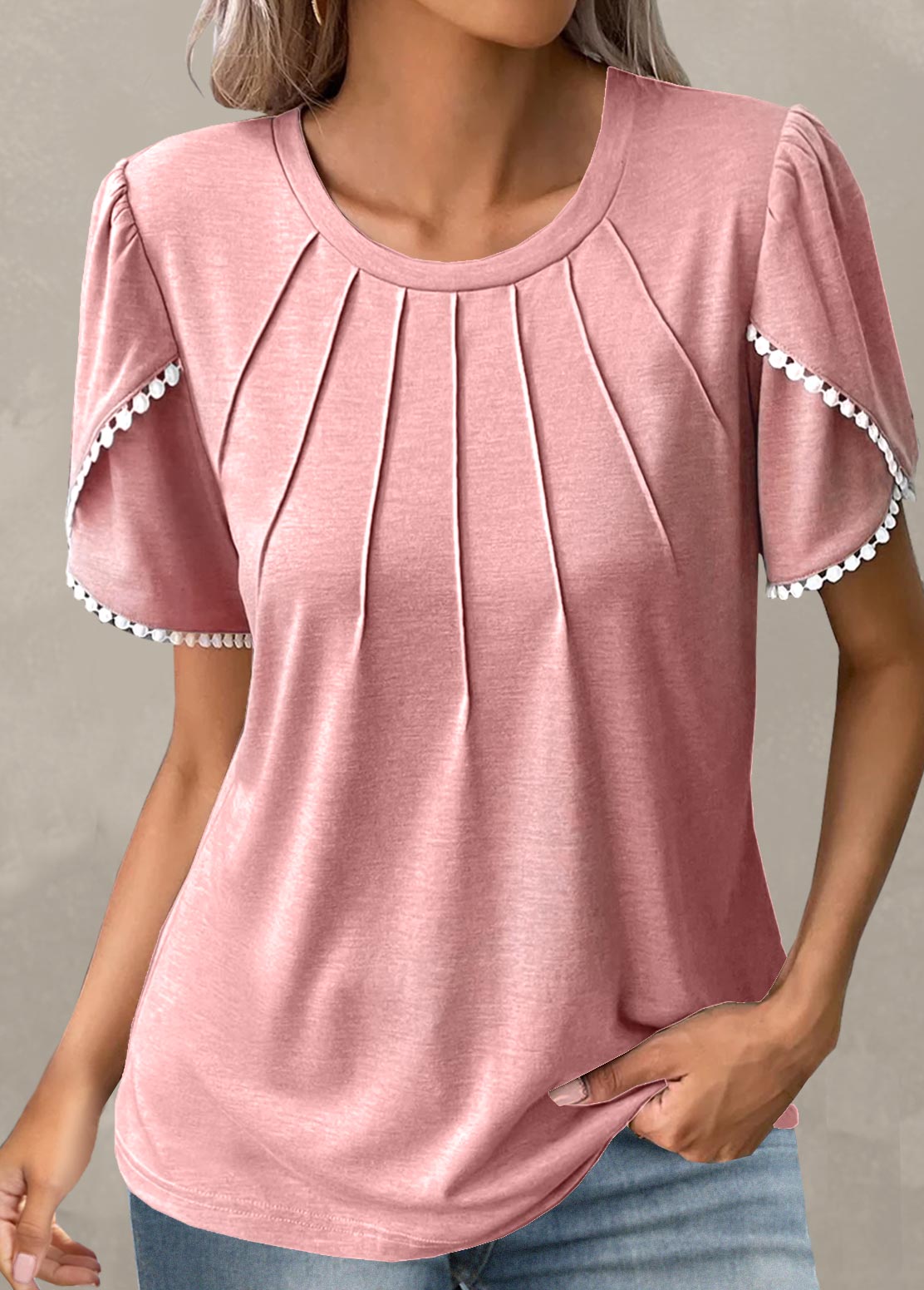 Light Pink Round Neck Patchwork T Shirt | Rosewe.com - USD $32.98
