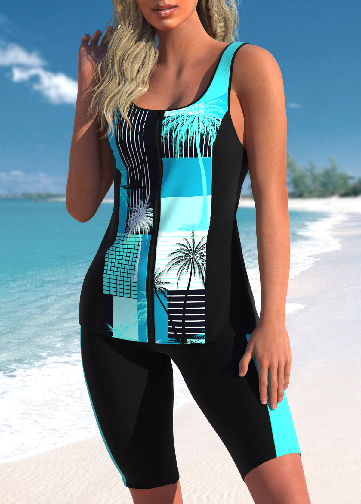 Mid Waisted Cyan Plus Size Tankini Set | Rosewe.com - USD $37.98