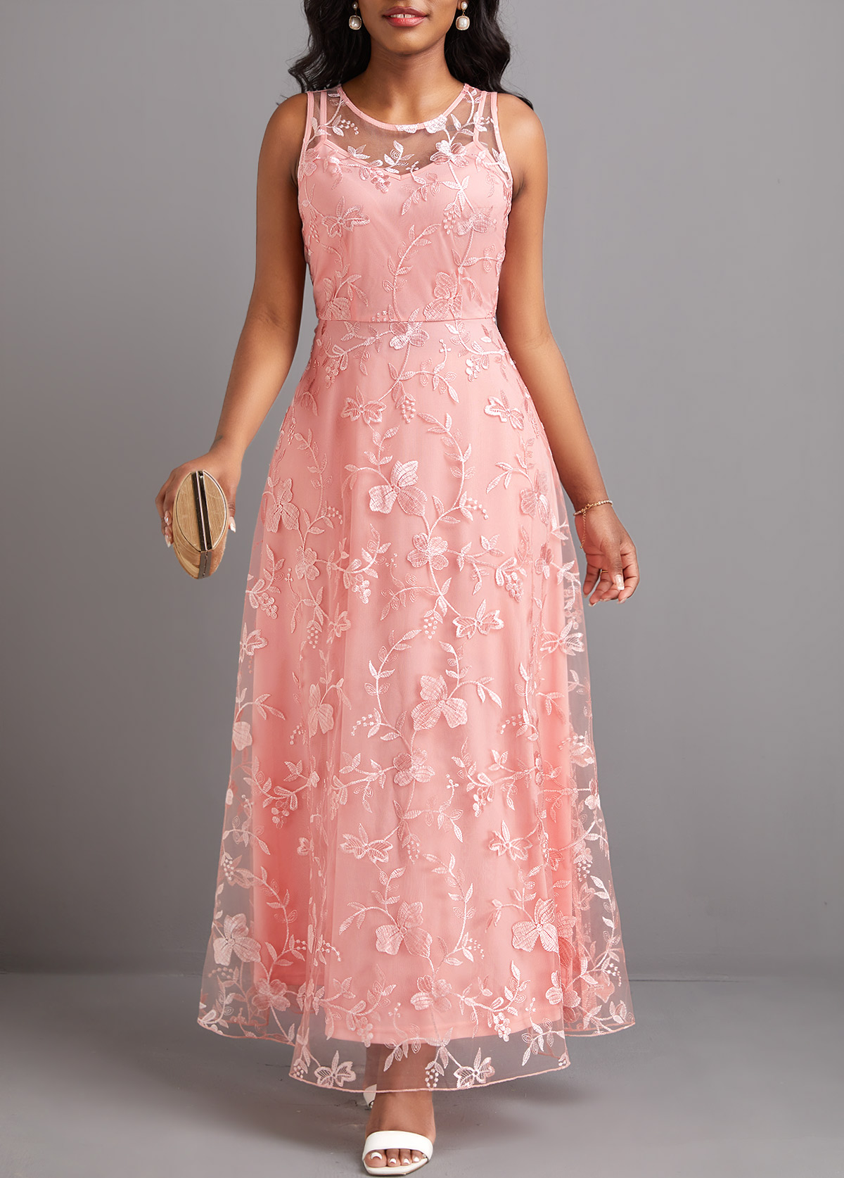 Sleeveless Lace Pink Round Neck Maxi Dress | Rosewe.com - USD $48.98