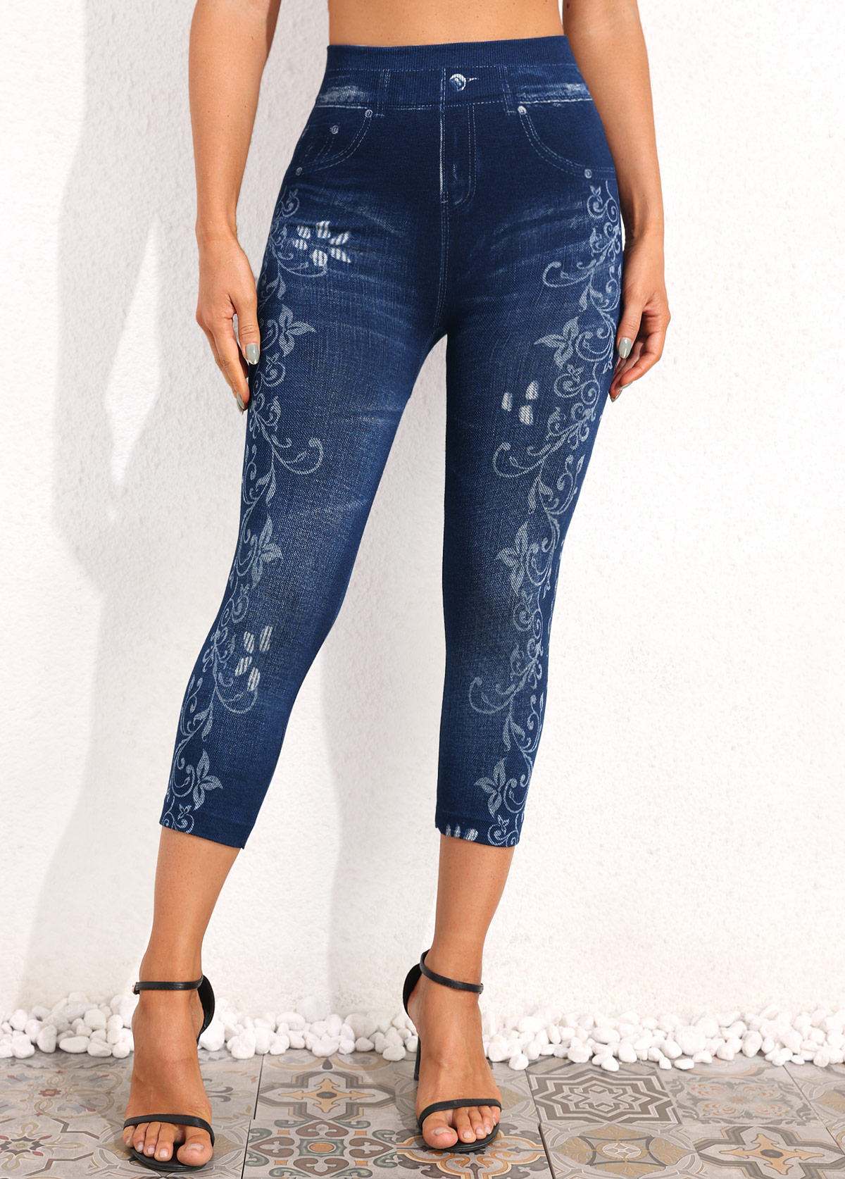Floral Print Denim Blue Elastic Waist Leggings | Rosewe.com - USD $22.98