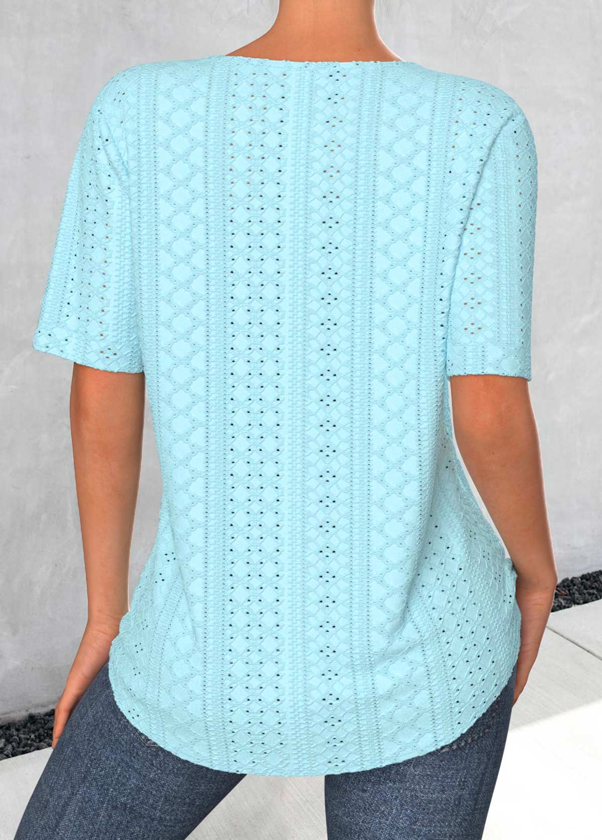 Jacquard Light Blue Short Sleeve Split Neck Blouse | Rosewe.com - USD ...