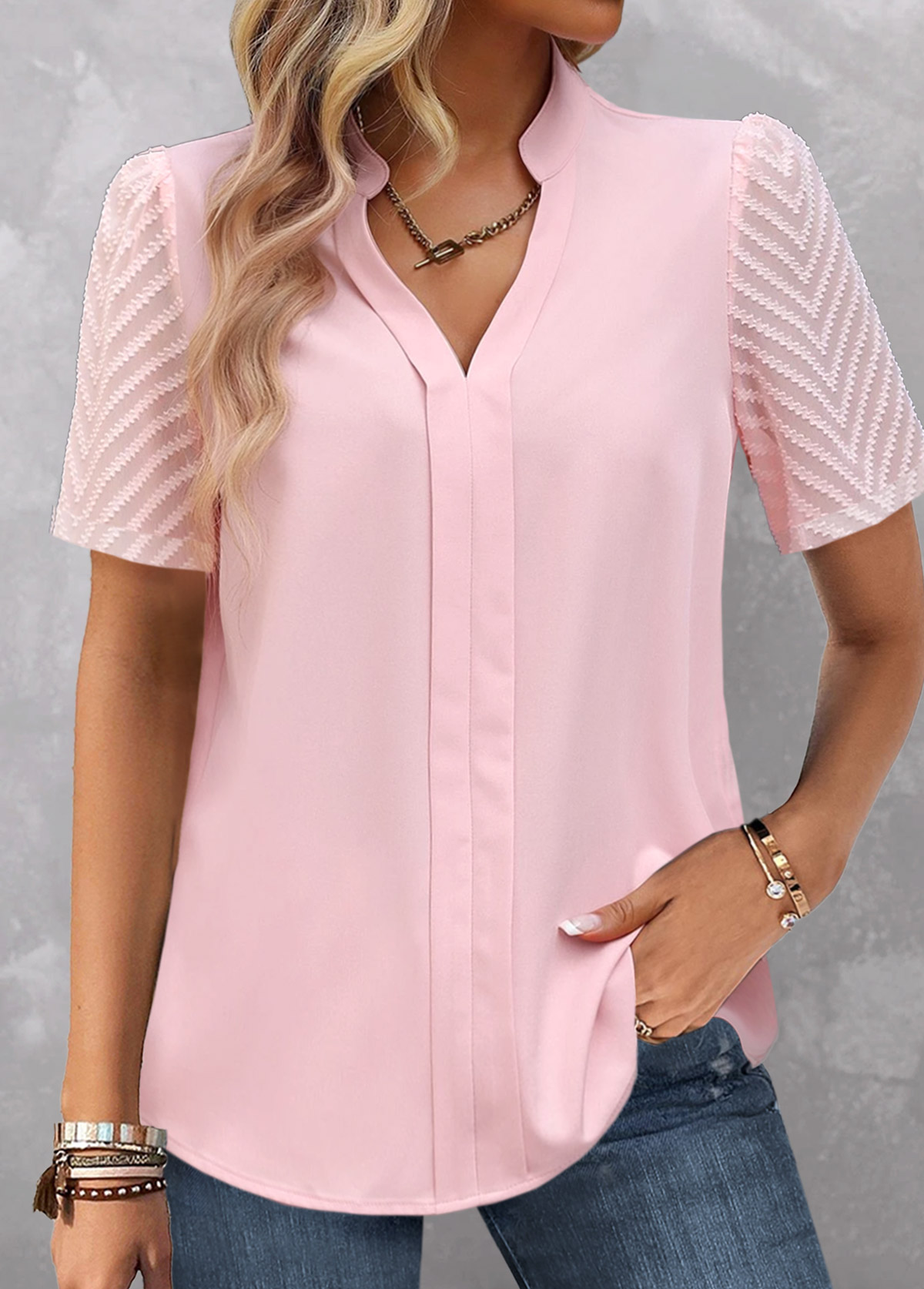 Patchwork Light Pink Short Sleeve Split Neck Blouse | Rosewe.com - USD ...