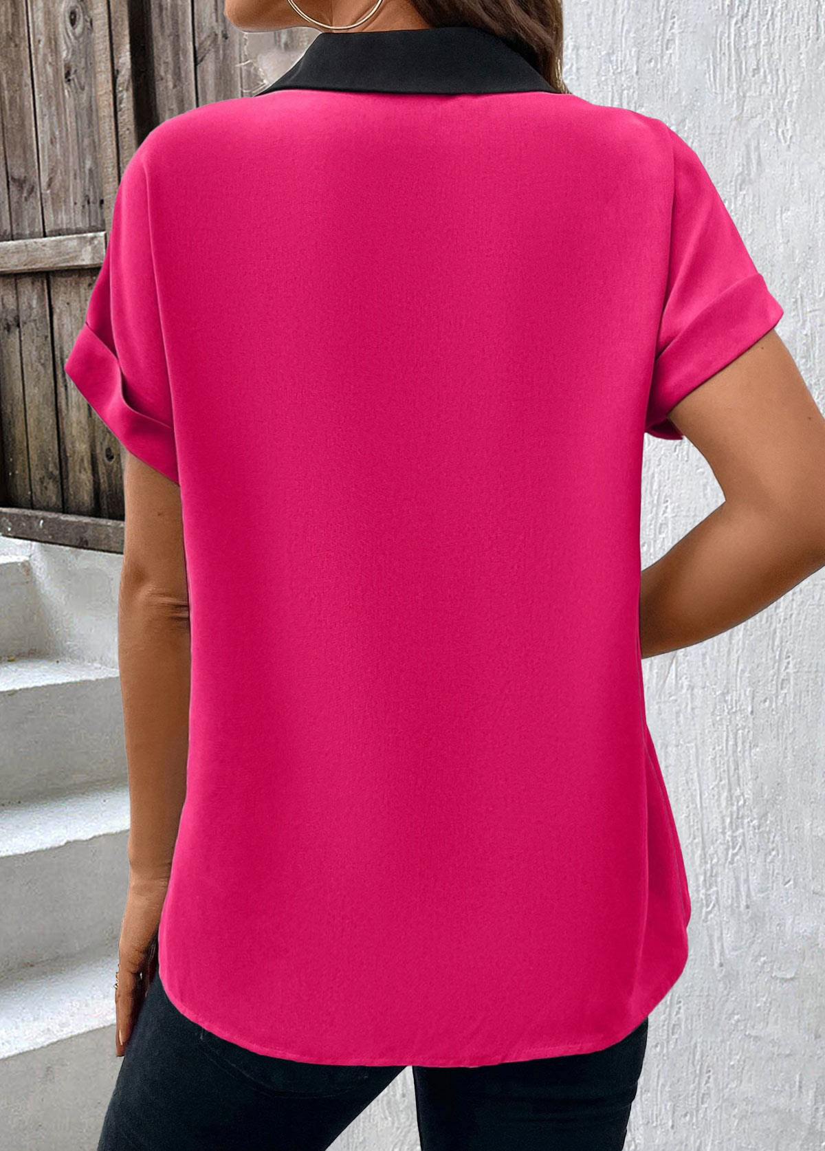 Hot Pink Plus Size Patchwork Short Sleeve Blouse | Rosewe.com - USD $22.98
