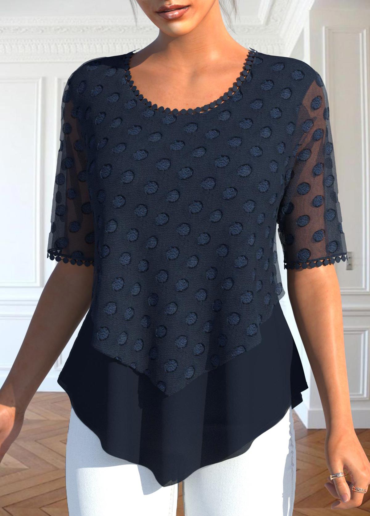 V Neck Layered Navy Short Sleeve Blouse | Rosewe.com - USD $32.98