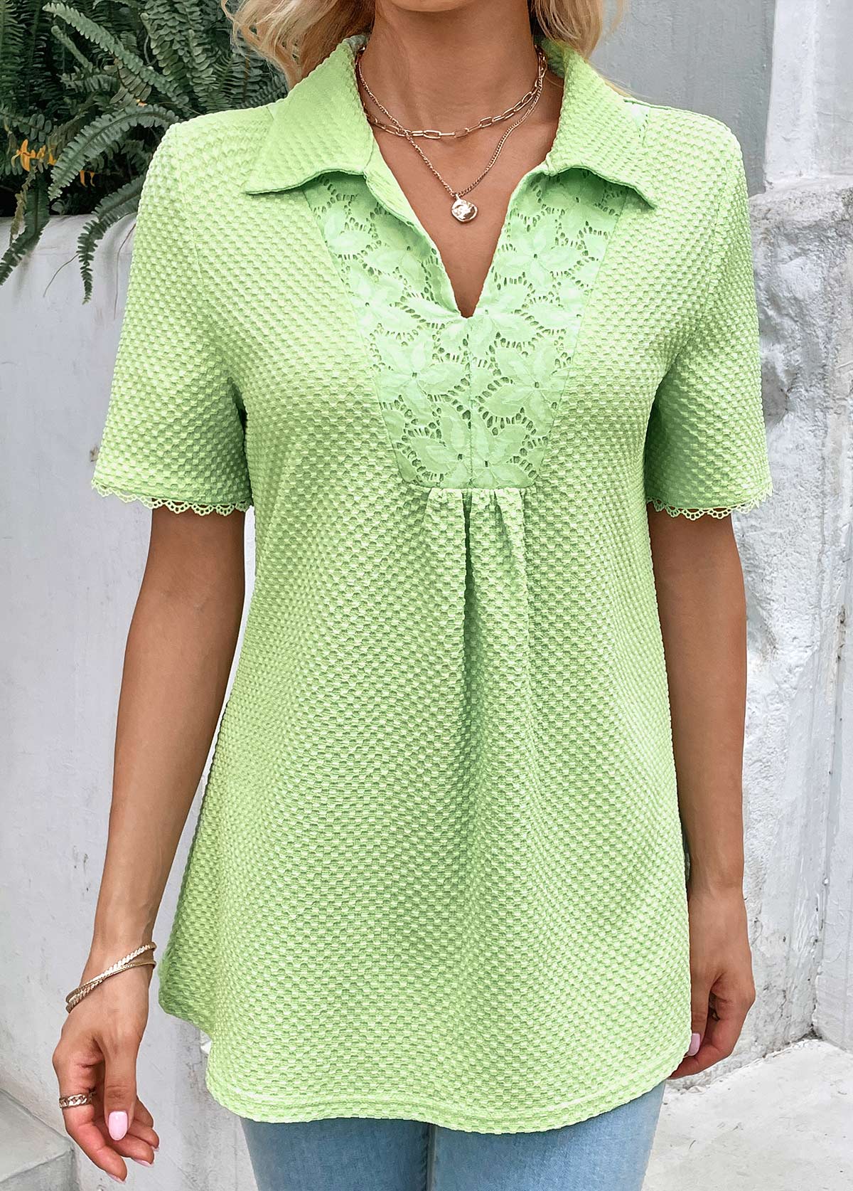 Patchwork Shirt Collar Short Sleeve Light Green Blouse | Rosewe.com ...