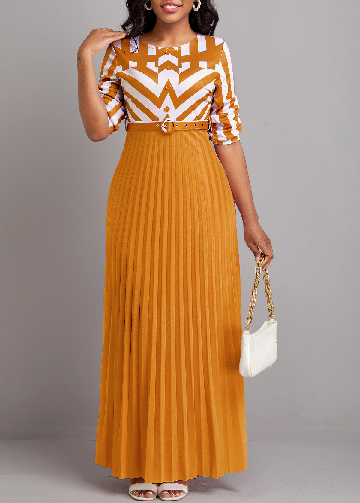Geometric Print Button Belted Ginger Maxi Dress | Rosewe.com - USD $26.98