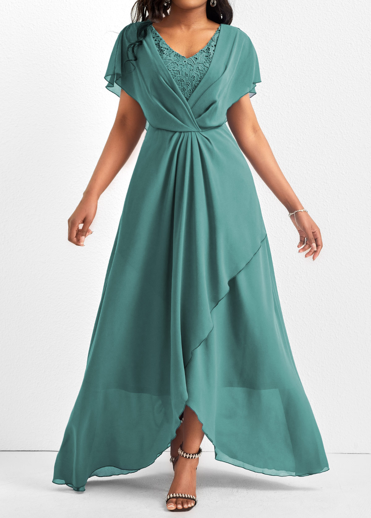 Mint Green V Neck Lace Maxi Dress | Rosewe.com - USD $47.98