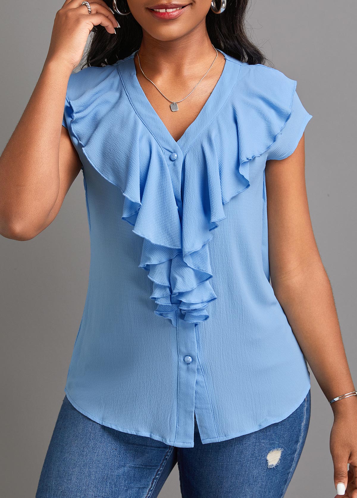 V Neck Button Light Blue Short Sleeve Blouse | Rosewe.com - USD $38.98