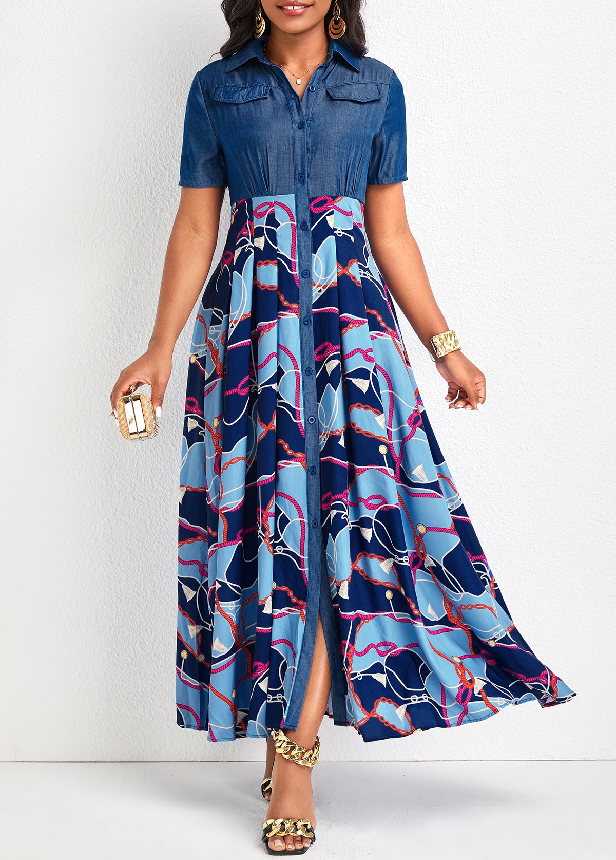 Chain Print Button Denim Blue Maxi Dress | Rosewe.com - USD $9.98