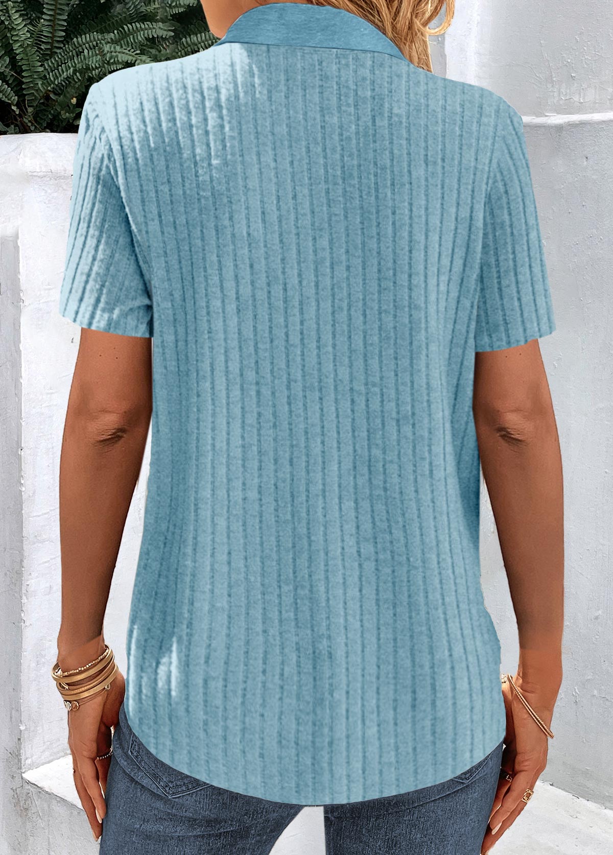 Blue Button Shirt Collar Short Sleeve Blouse | Rosewe.com - USD $33.98