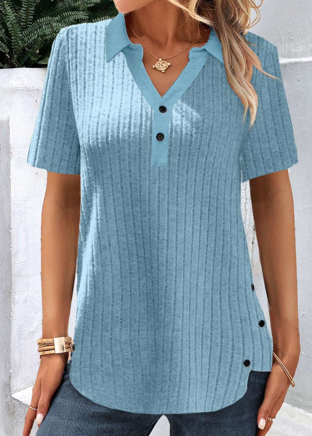 Blue Button Shirt Collar Short Sleeve Blouse | Rosewe.com - USD $33.98