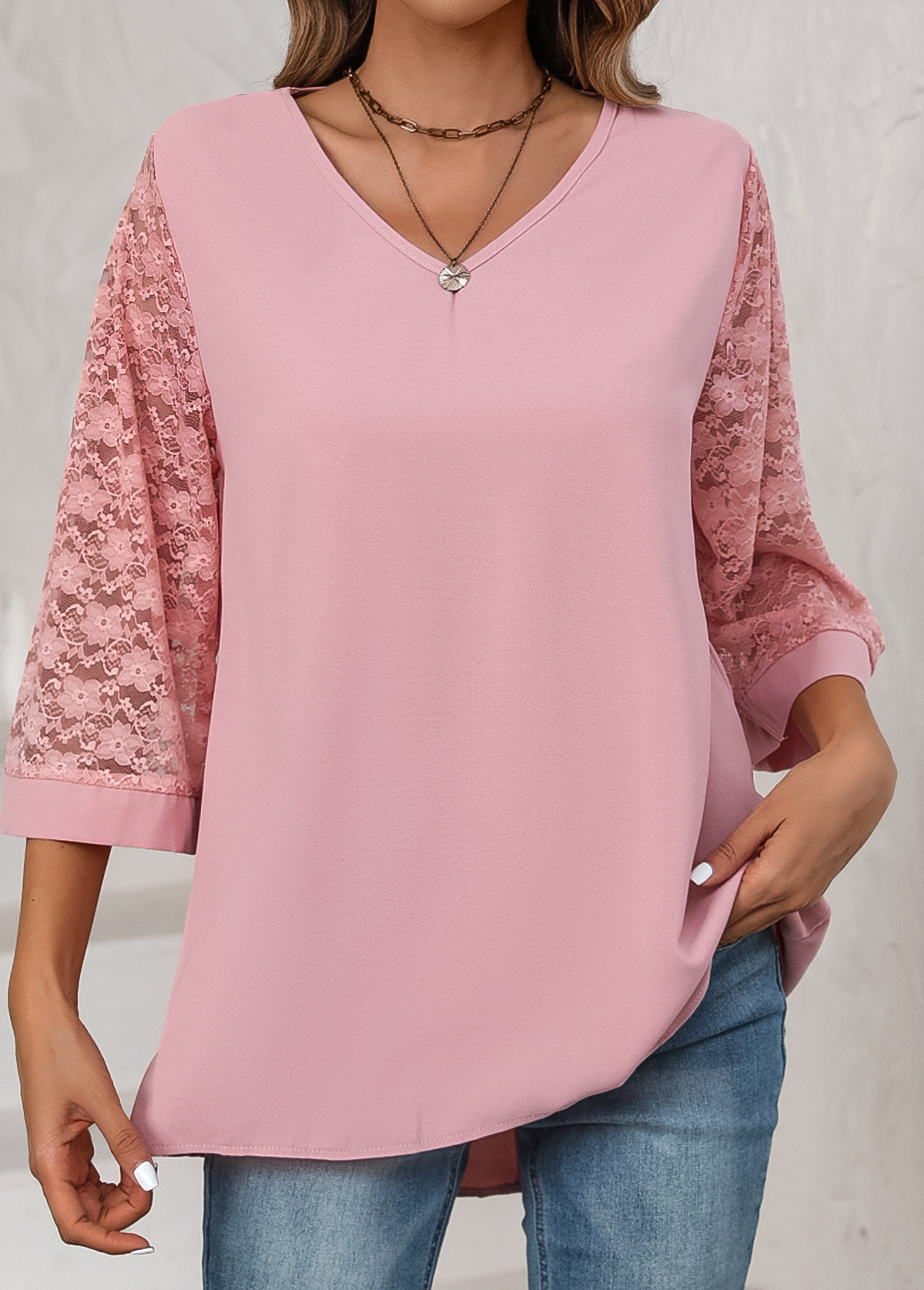 Light Pink V Neck Lace Blouse | Rosewe.com - USD $28.98