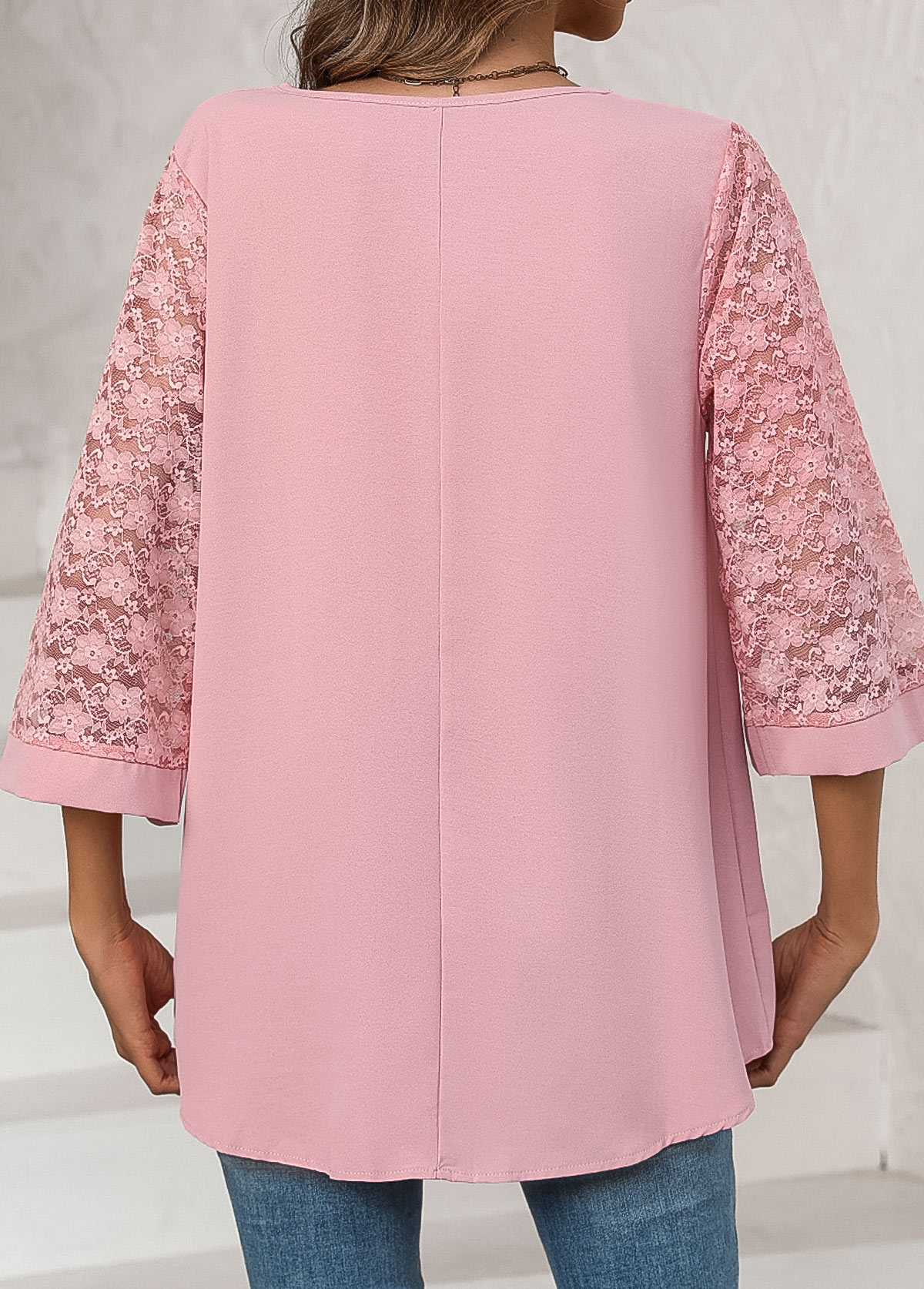 Light Pink V Neck Lace Blouse | Rosewe.com - USD $28.98