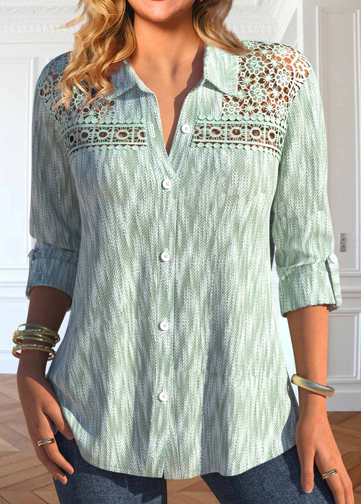 Green Shirt Collar Lace Button Up Blouse | Rosewe.com - USD $35.08