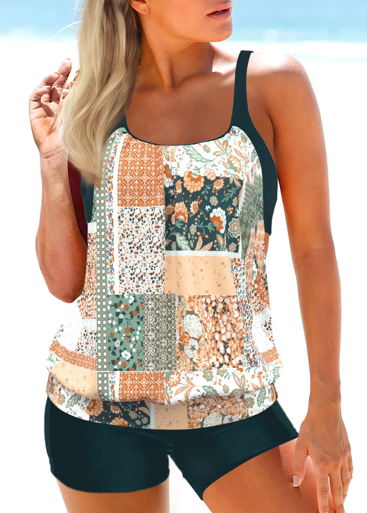 Mid Waisted Patchwork Cut Out Tankini Set | Rosewe.com - USD $34.98