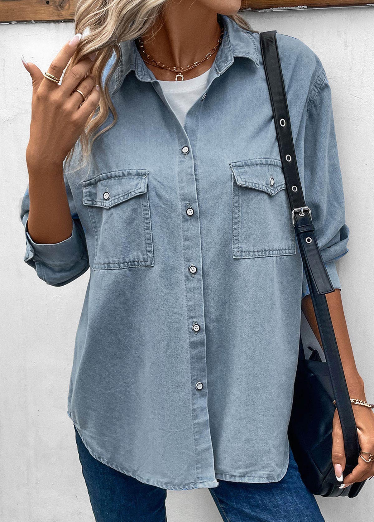 Long Sleeve Pocket Dusty Blue Shirt Collar Blouse | Rosewe.com - USD $37.98