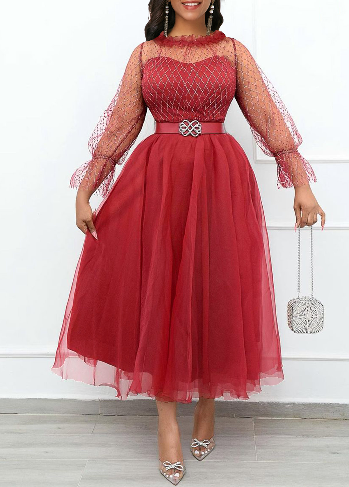 Long Sleeve Mesh Red Round Neck Dress | Rosewe.com - USD $34.98