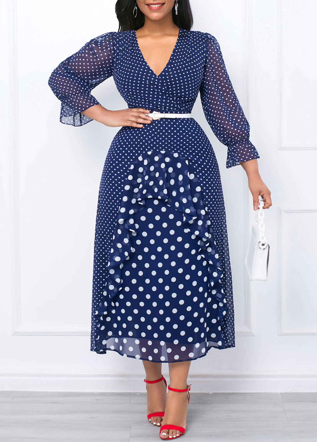 Polka Dot Patchwork Dark Blue Cross Collar Dress | Rosewe.com - USD $48.98