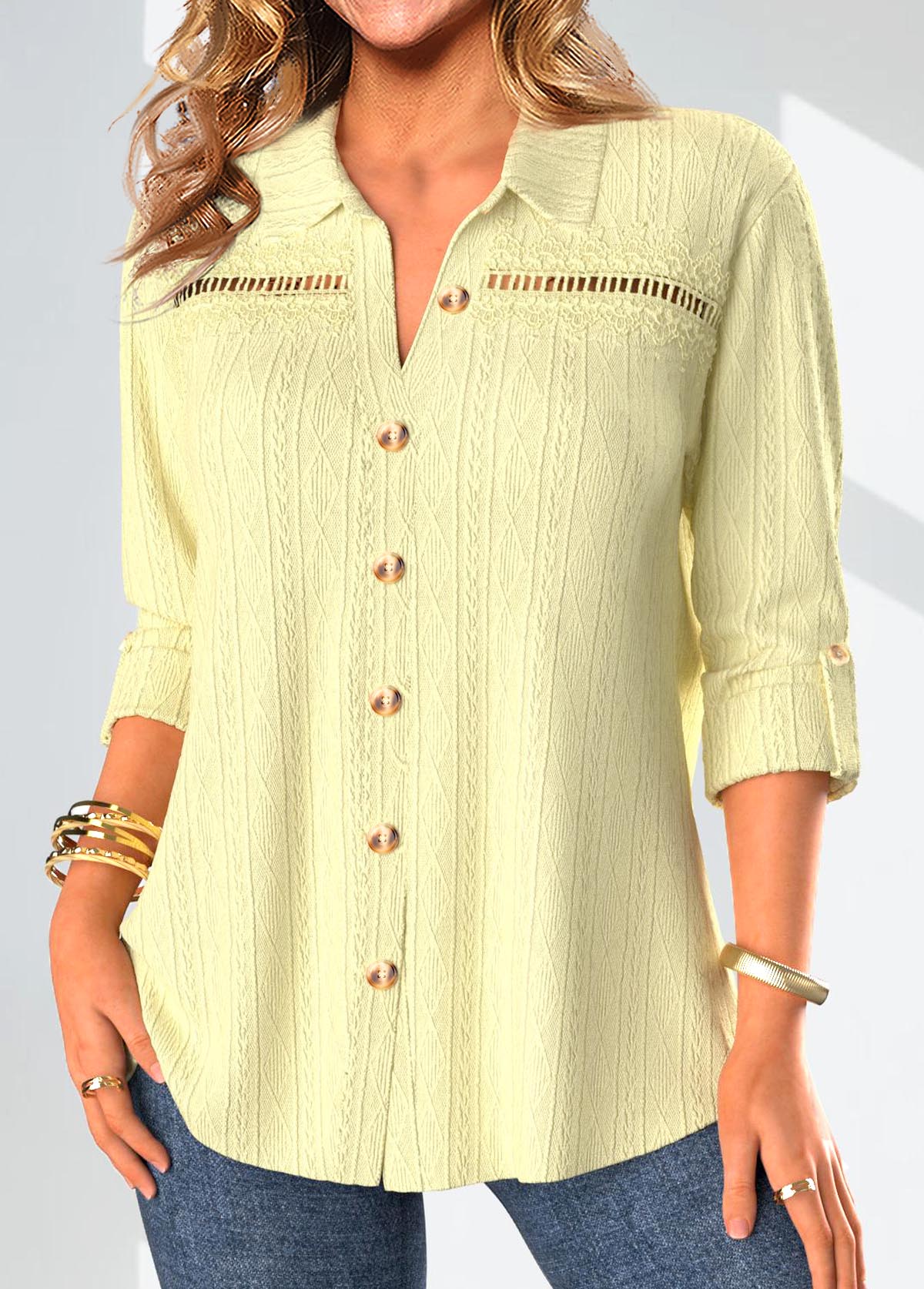 Light Yellow Shirt Collar Lace Long Sleeve Blouse | Rosewe.com - USD $33.28