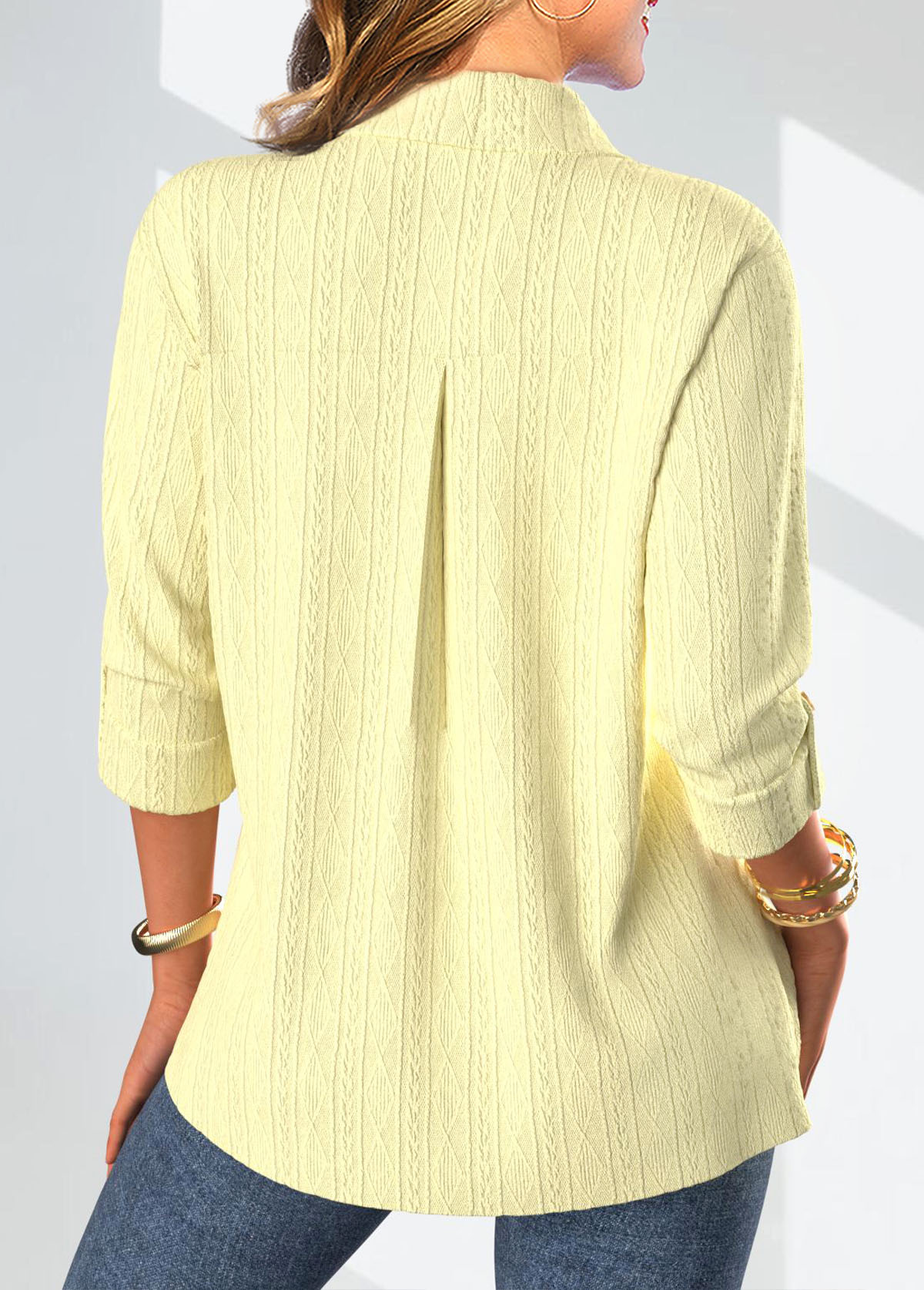 Light Yellow Shirt Collar Lace Long Sleeve Blouse | Rosewe.com - USD $33.28