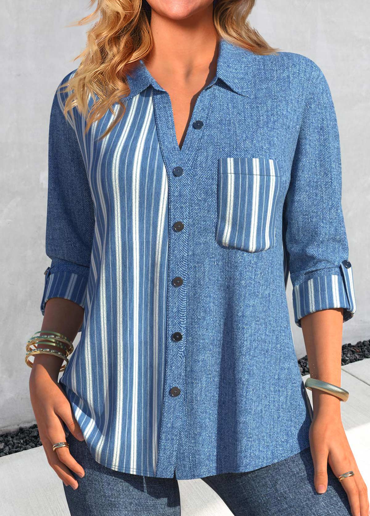 Denim-effect Print Patchwork Denim Blue Long Sleeve Blouse | Rosewe.com ...