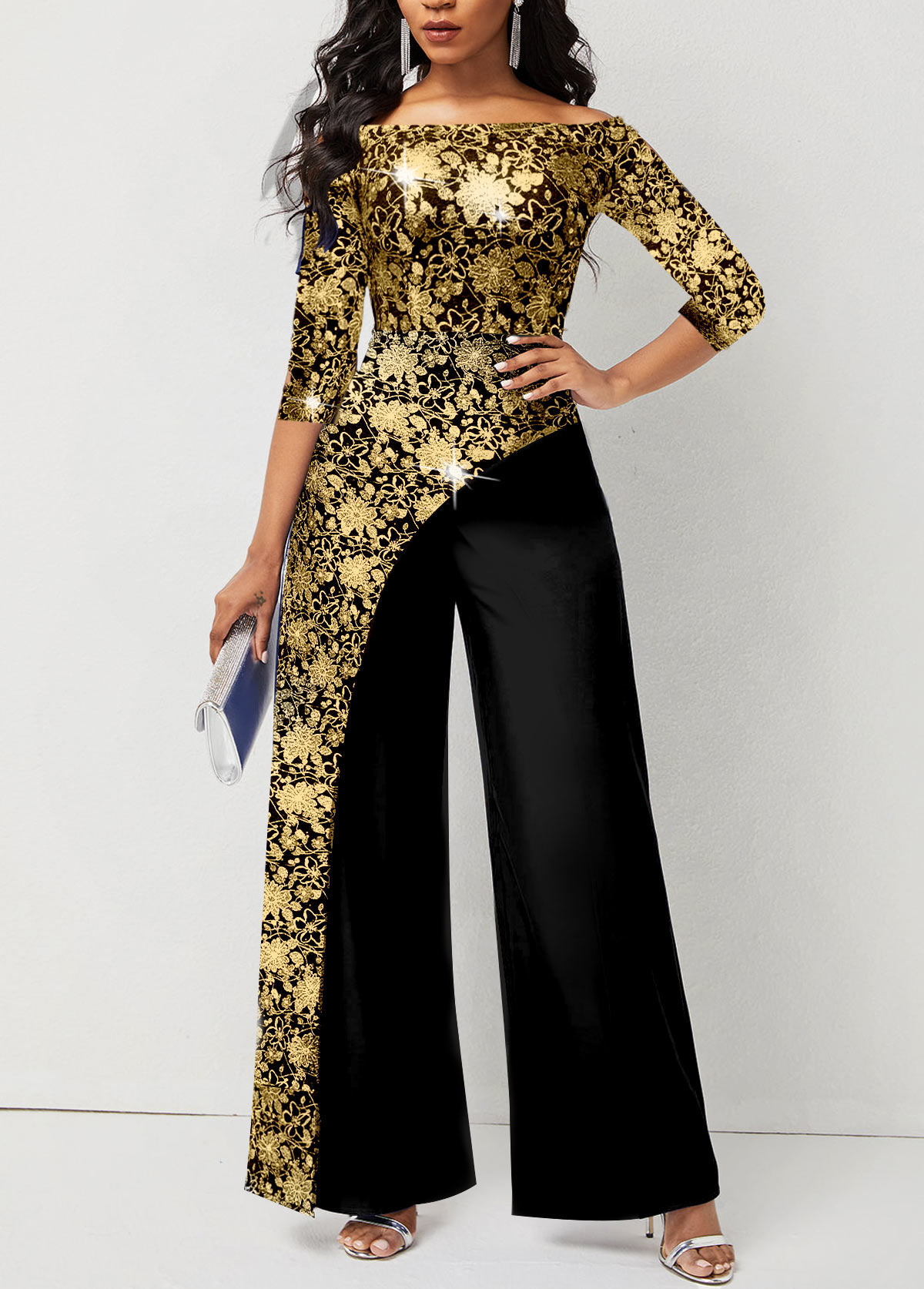 Floral Print Hot Stamping Golden Off Shoulder Jumpsuit | Rosewe.com ...