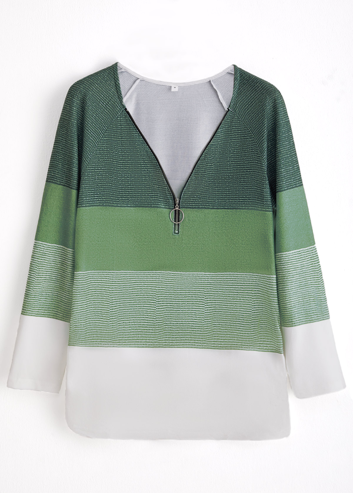 Striped Zipper Sage Green V Neck T Shirt | Rosewe.com - USD $31.98