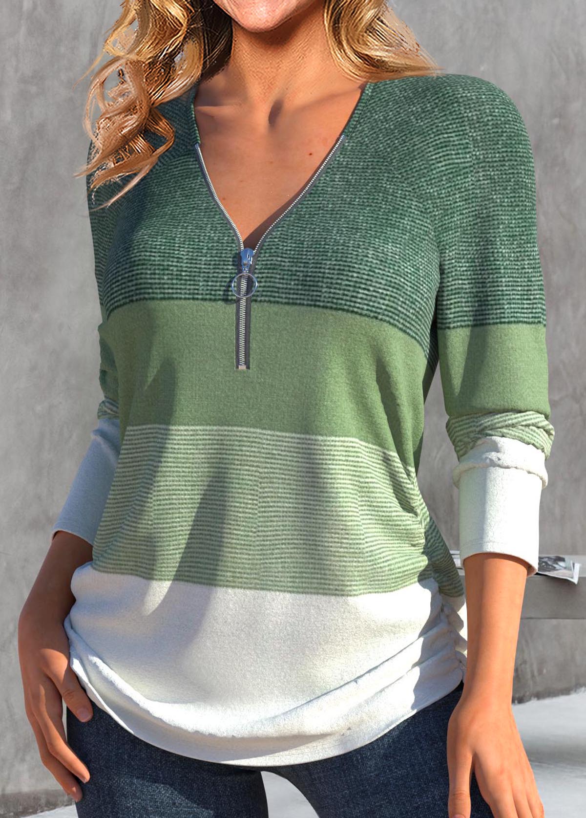 Striped Zipper Sage Green V Neck T Shirt | Rosewe.com - USD $31.98