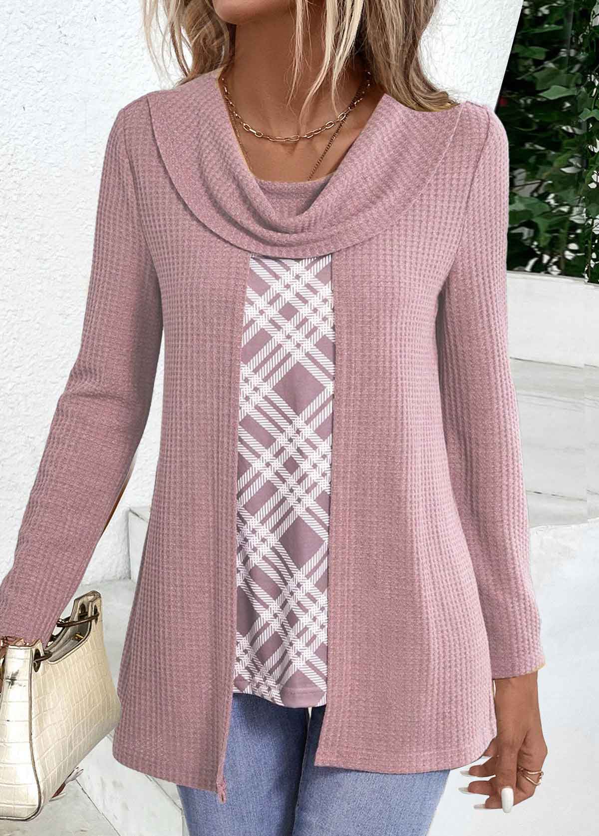 Plaid Dusty Purple Long Sleeve Fake Two Piece Twinset | Rosewe.com ...