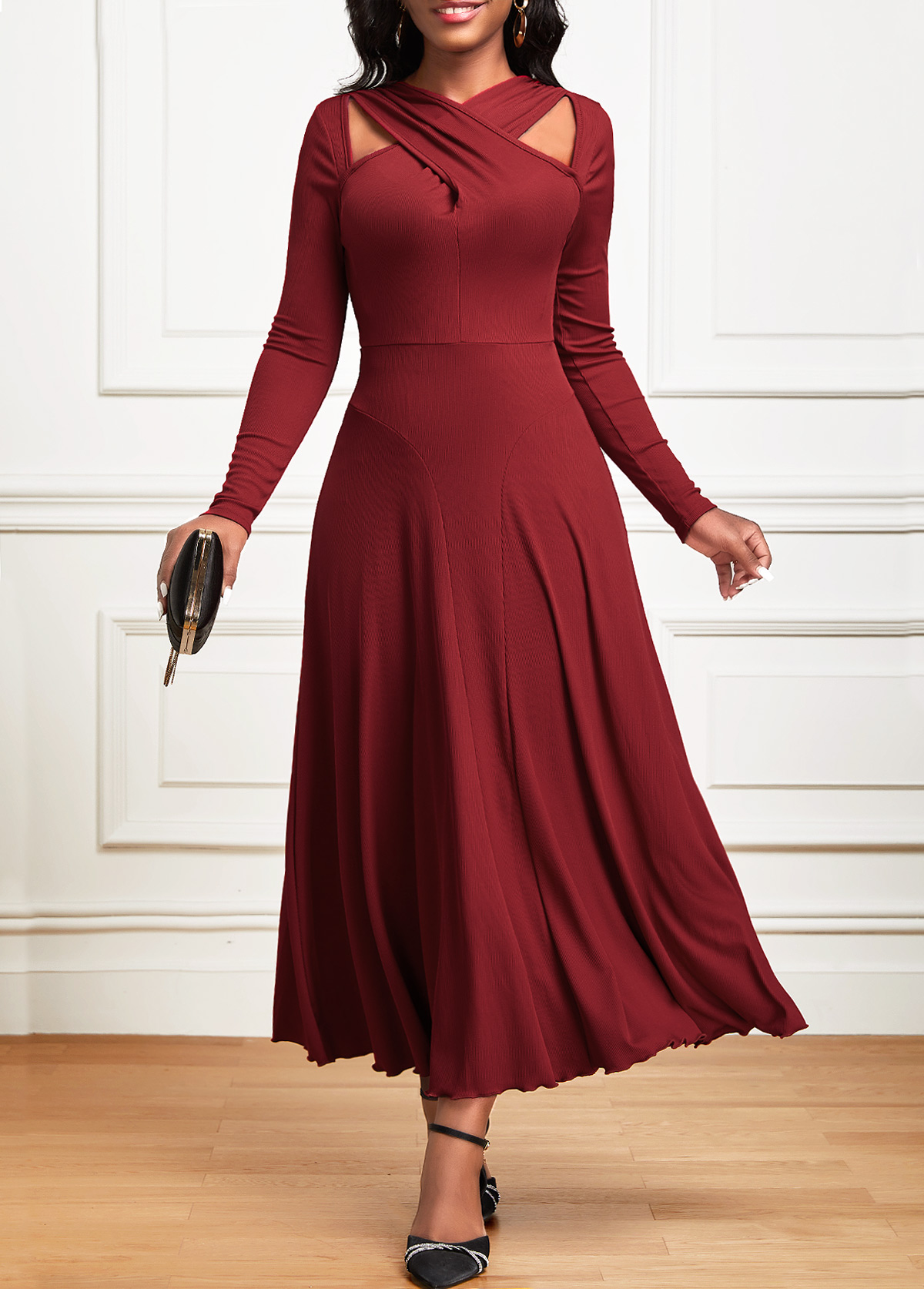 Criss Cross Long Sleeve Wine Red Maxi Dress | Rosewe.com - USD $35.98