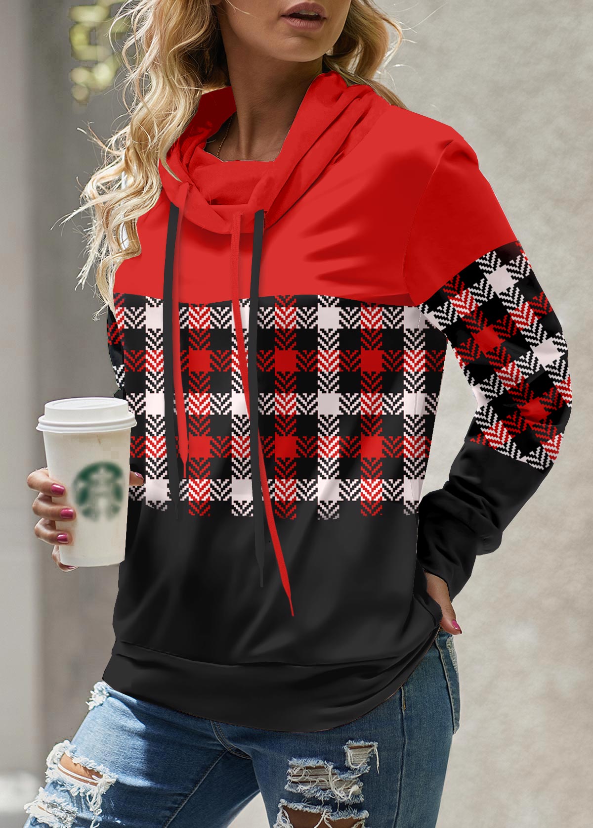 Plaid Patchwork Red Long Sleeve Cowl Neck Sweatshirt | Rosewe.com - USD $29.98