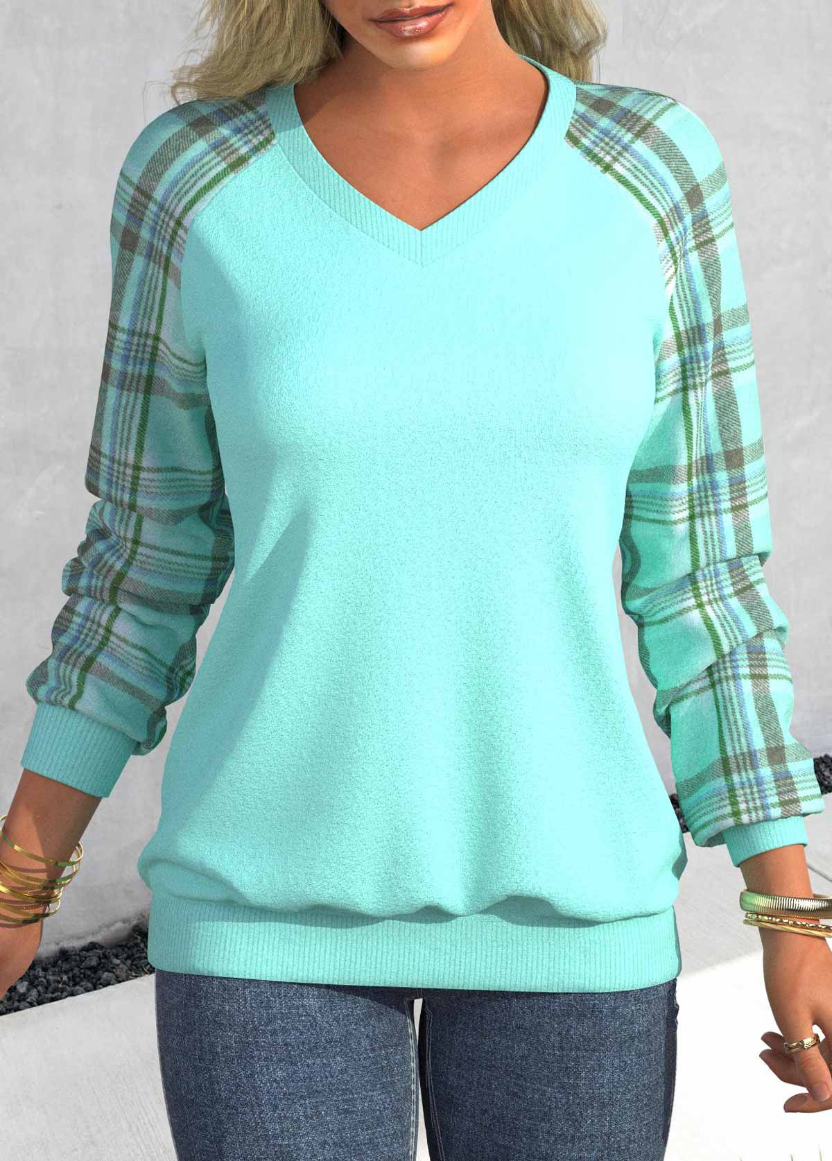 Plus Size Cyan Patchwork Plaid Long Sleeve Sweatshirt | Rosewe.com ...
