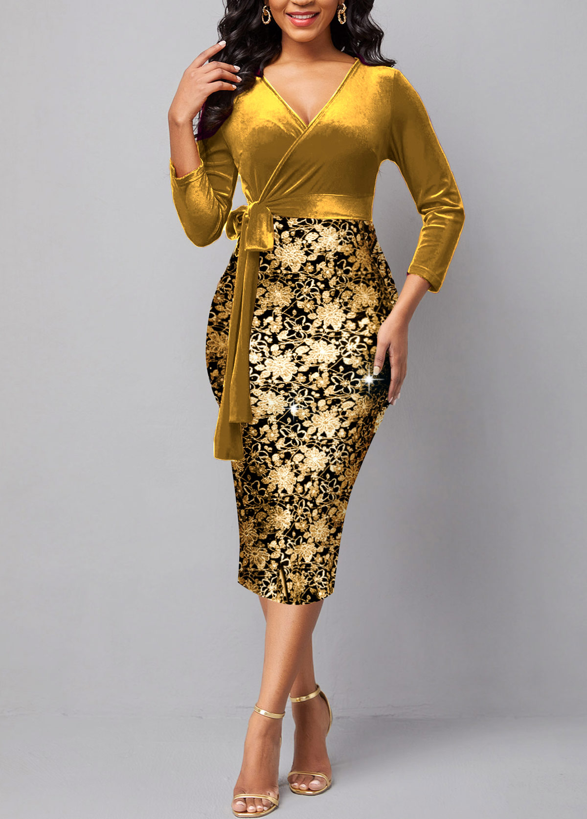 New Year Floral Print Hot Stamping Belted Golden Dress | Rosewe.com ...