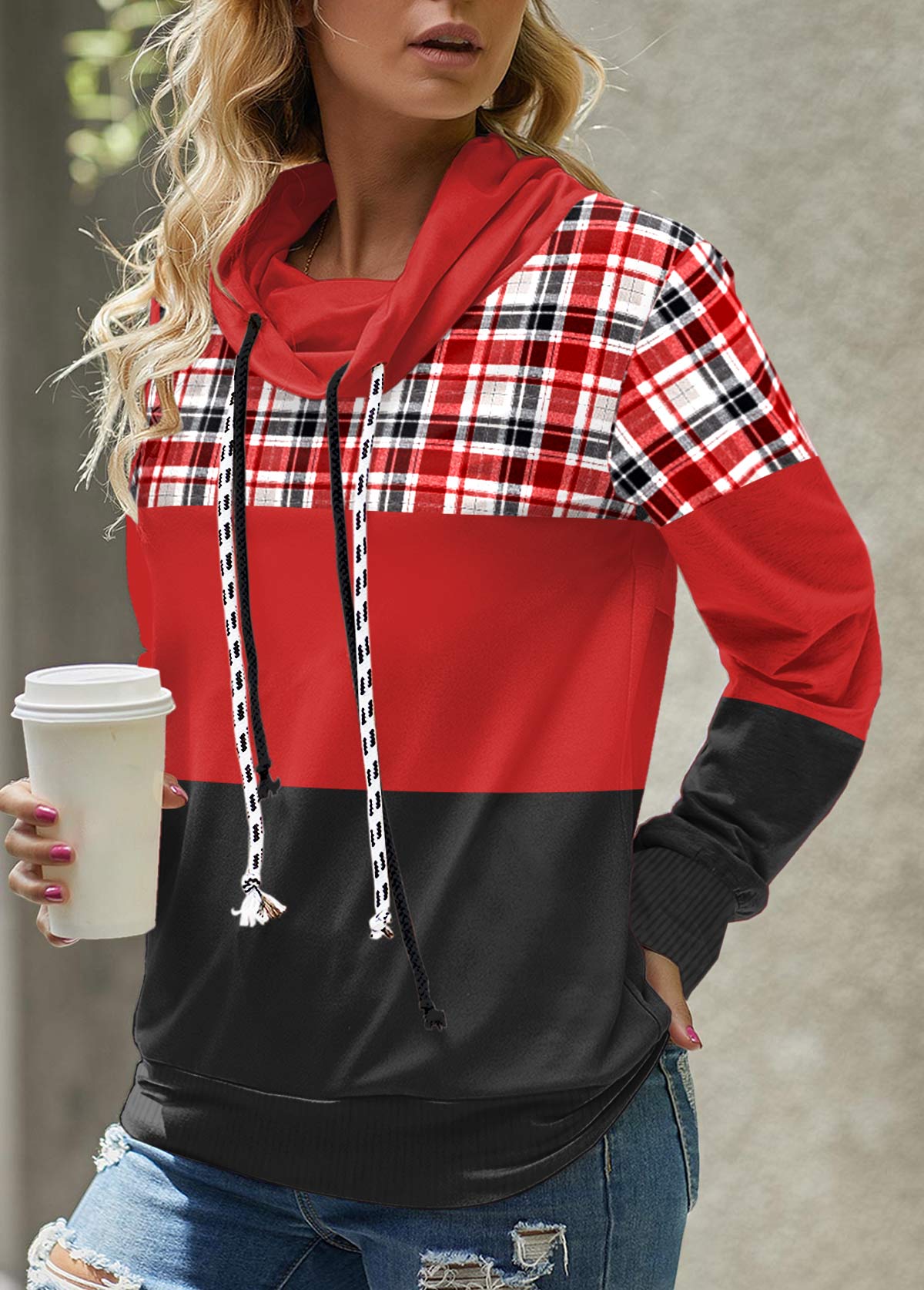 Plaid Patchwork Red Long Sleeve Cowl Neck Sweatshirt | Rosewe.com - USD ...