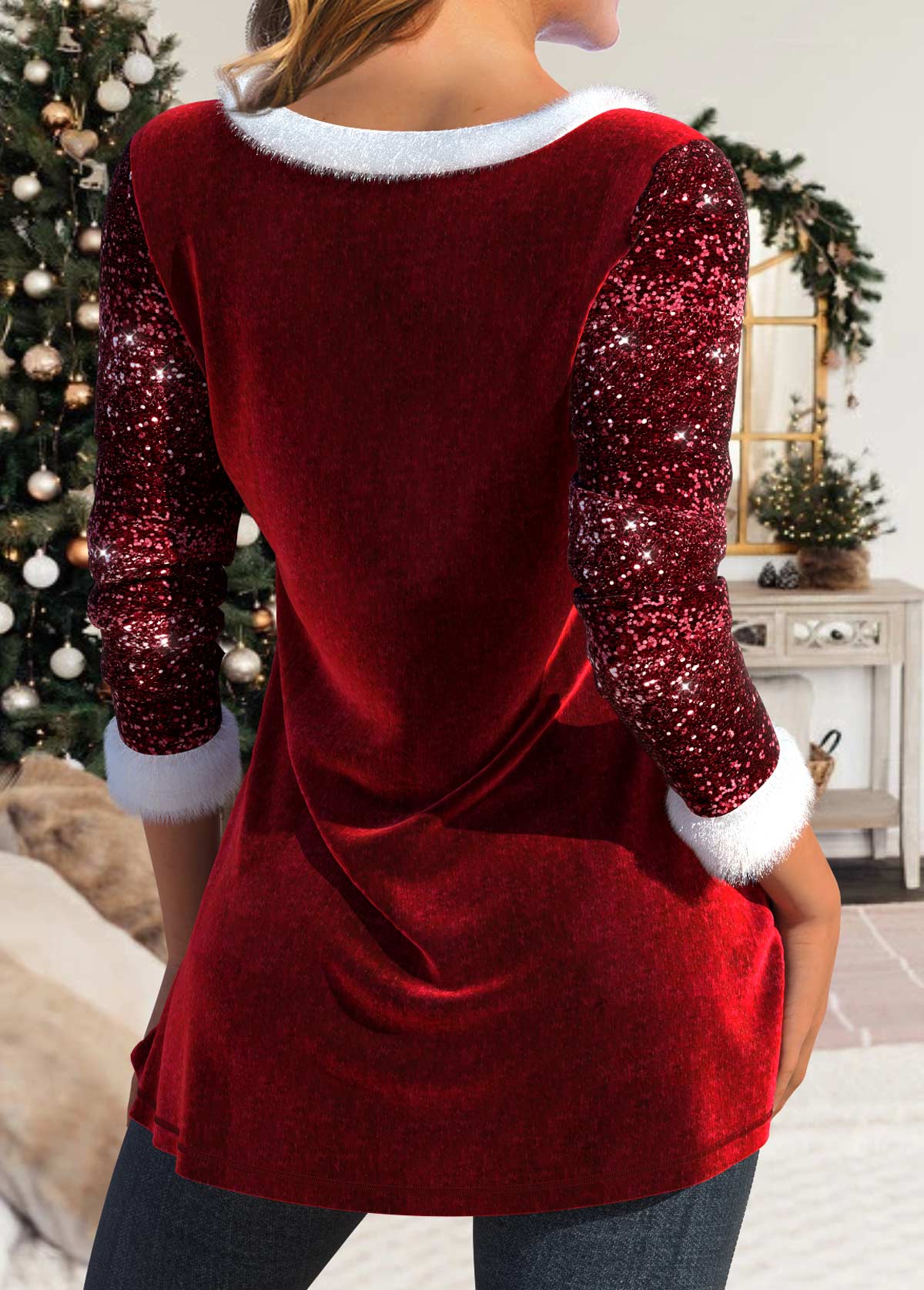 Long Sleeve Velvet Wine Red T Shirt | Rosewe.com - USD $19.99