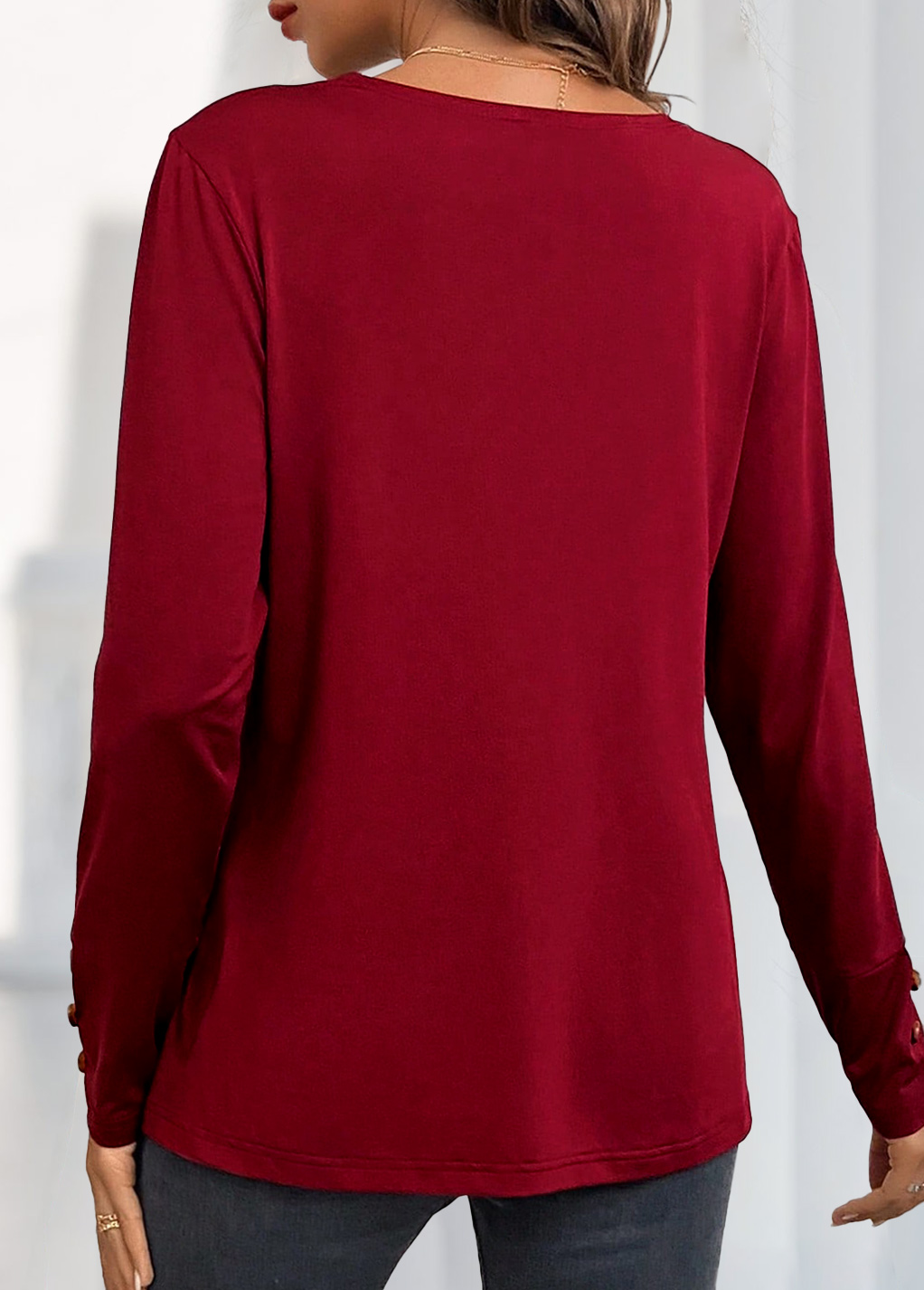 Button Wine Red Long Sleeve V Neck Blouse | Rosewe.com - USD $34.98
