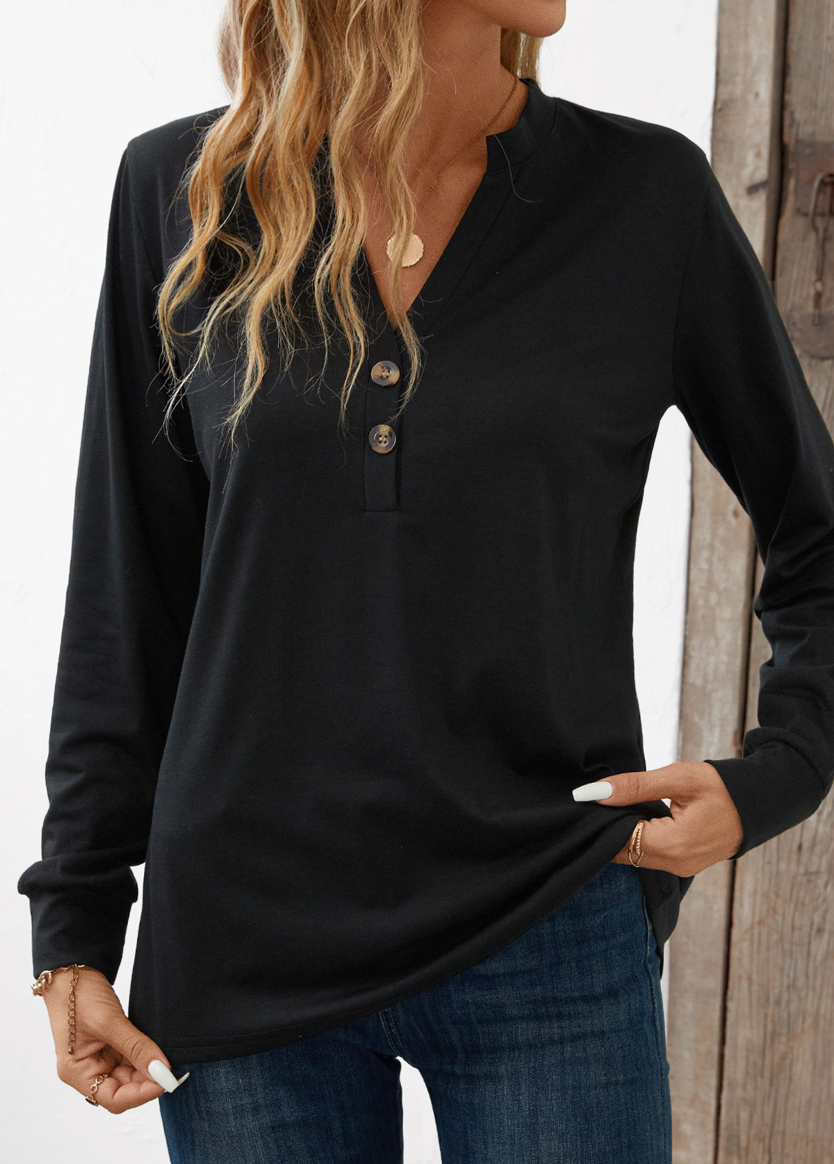 Button Black Long Sleeve Split Neck T Shirt | Rosewe.com - USD $27.98