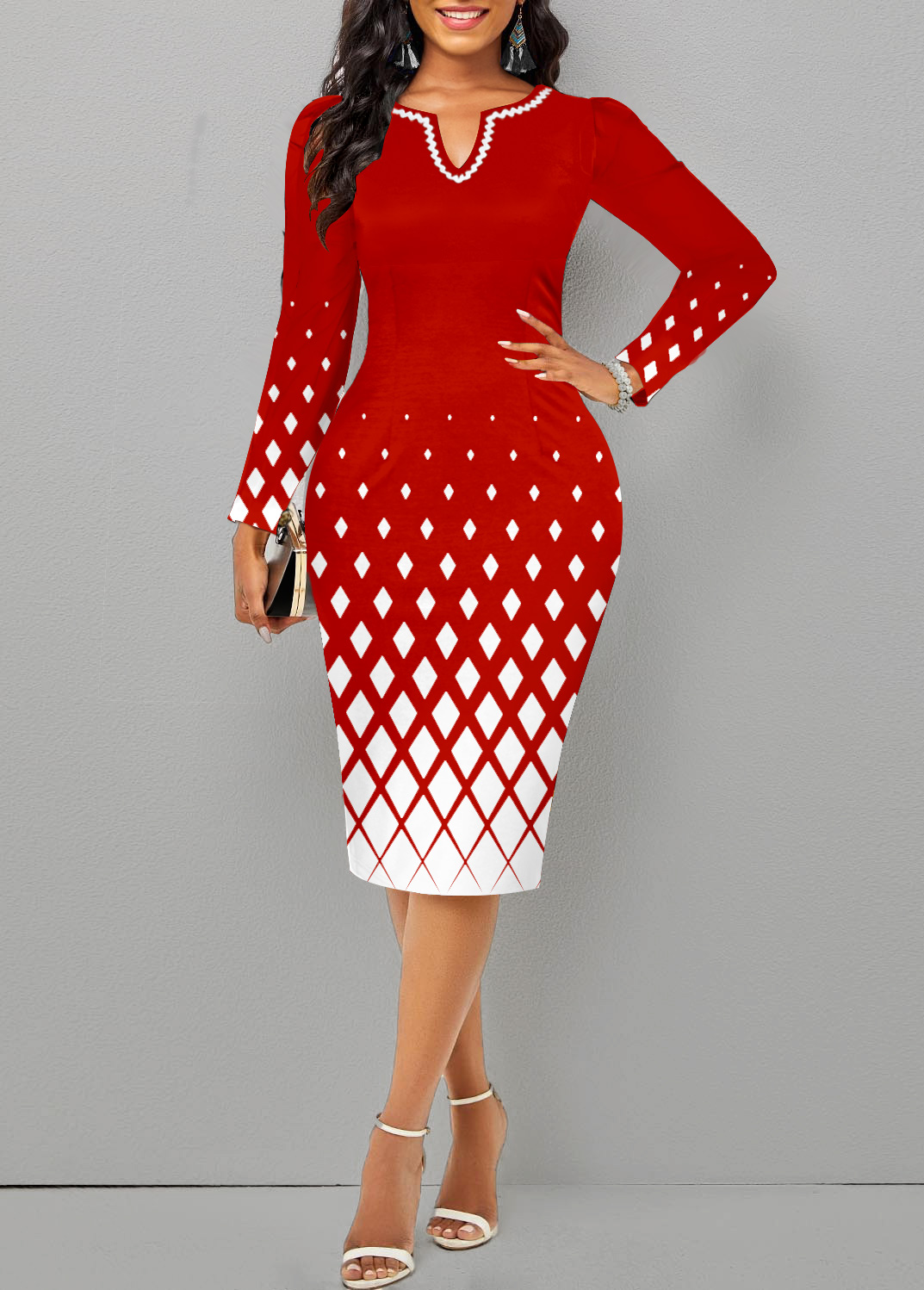 Plus Size Geometric Print Split Red Bodycon Dress | Rosewe.com - USD $40.98