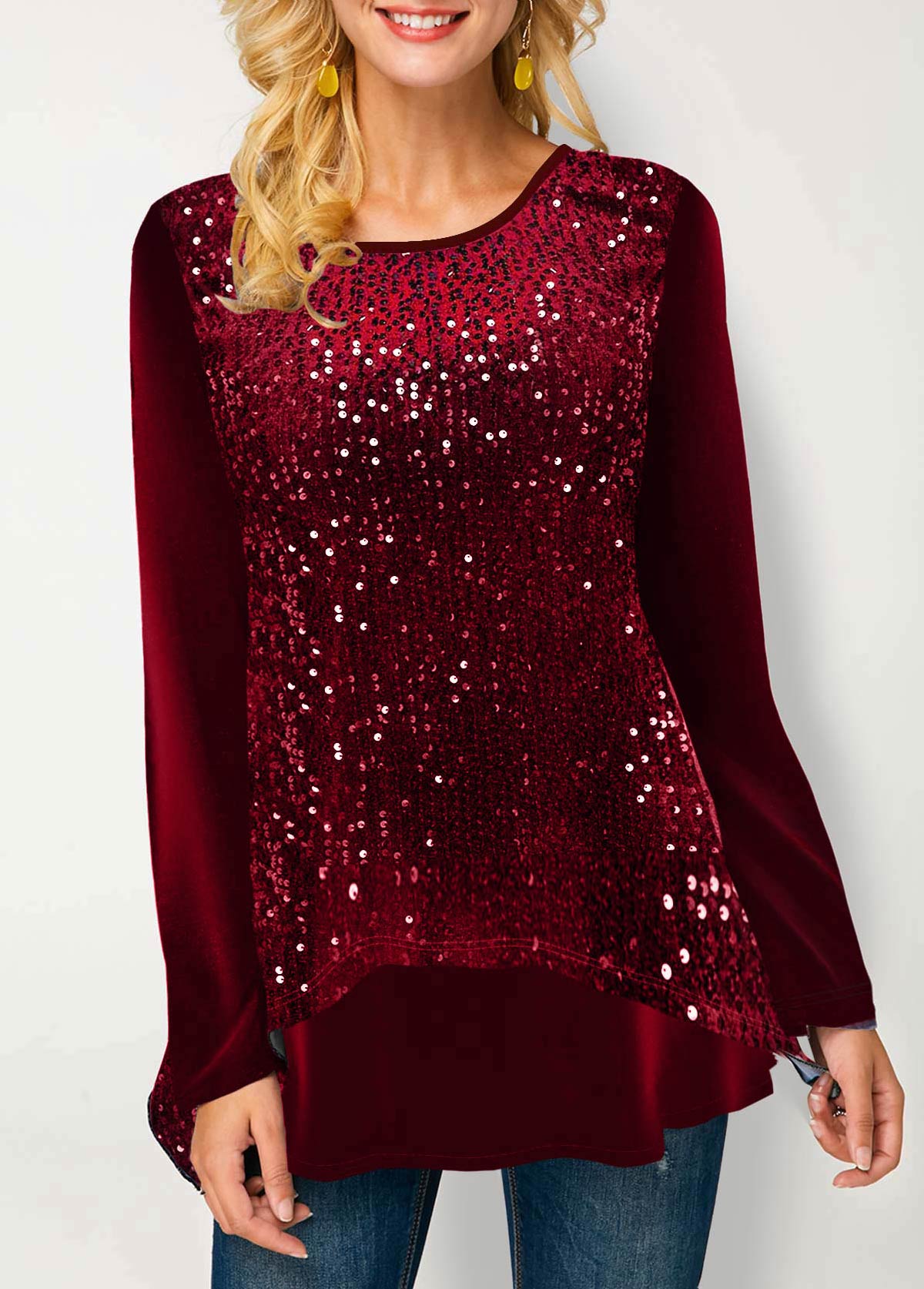 Wine Red Christmas Design Velvet Stitching Sequin Sweatshirt | Rosewe ...