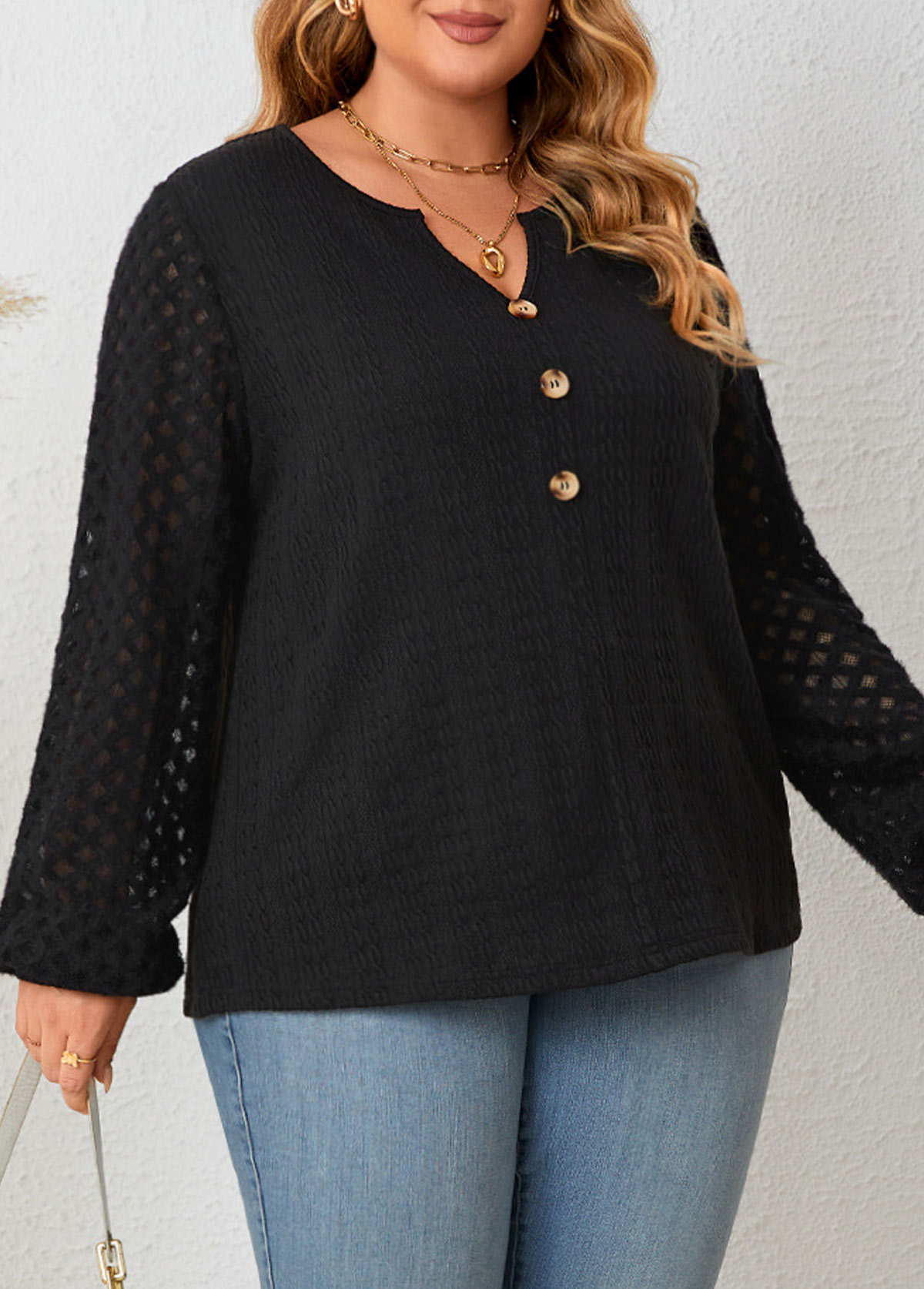Black Plus Size Button Long Sleeve Split Neck Blouse | Rosewe.com - USD ...
