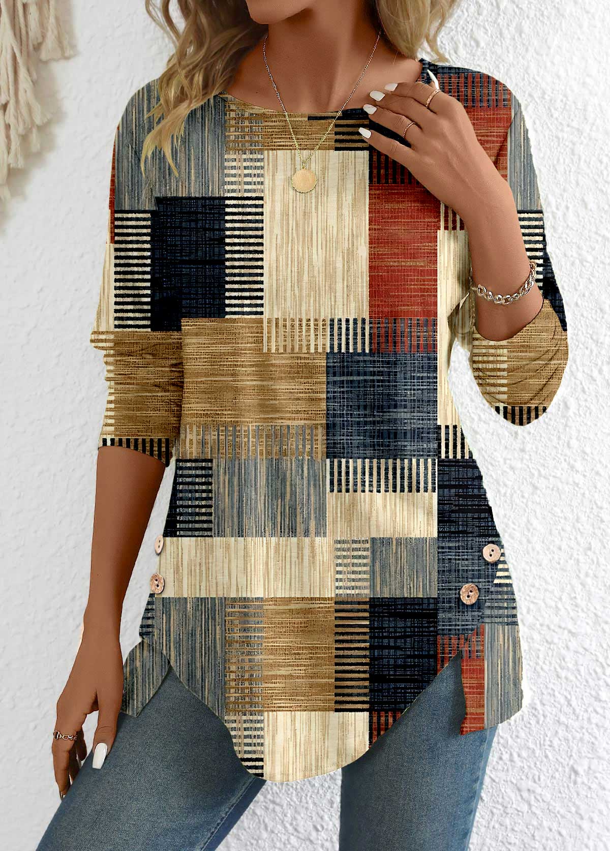 Geometric Print Button Brick Red Long Sleeve T Shirt | Rosewe.com - USD ...