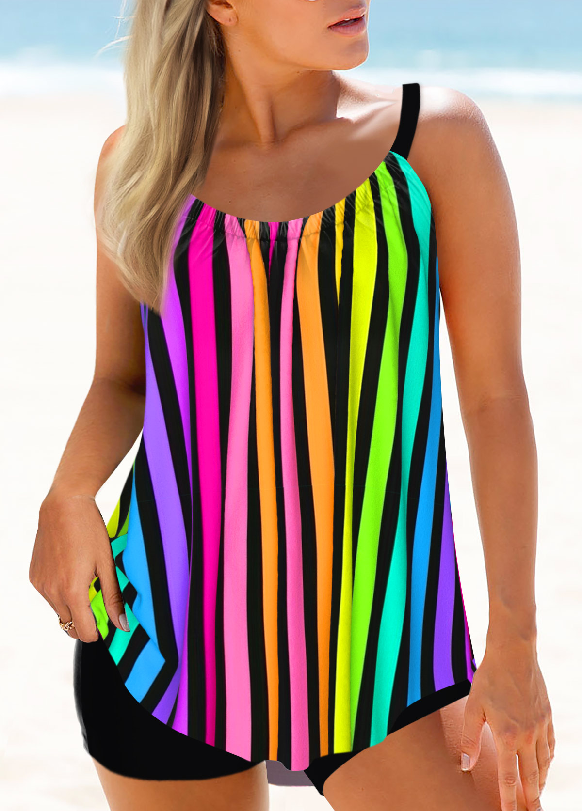 Multi Stripe Print Patchwork Tankini Top | Rosewe.com - USD $27.98