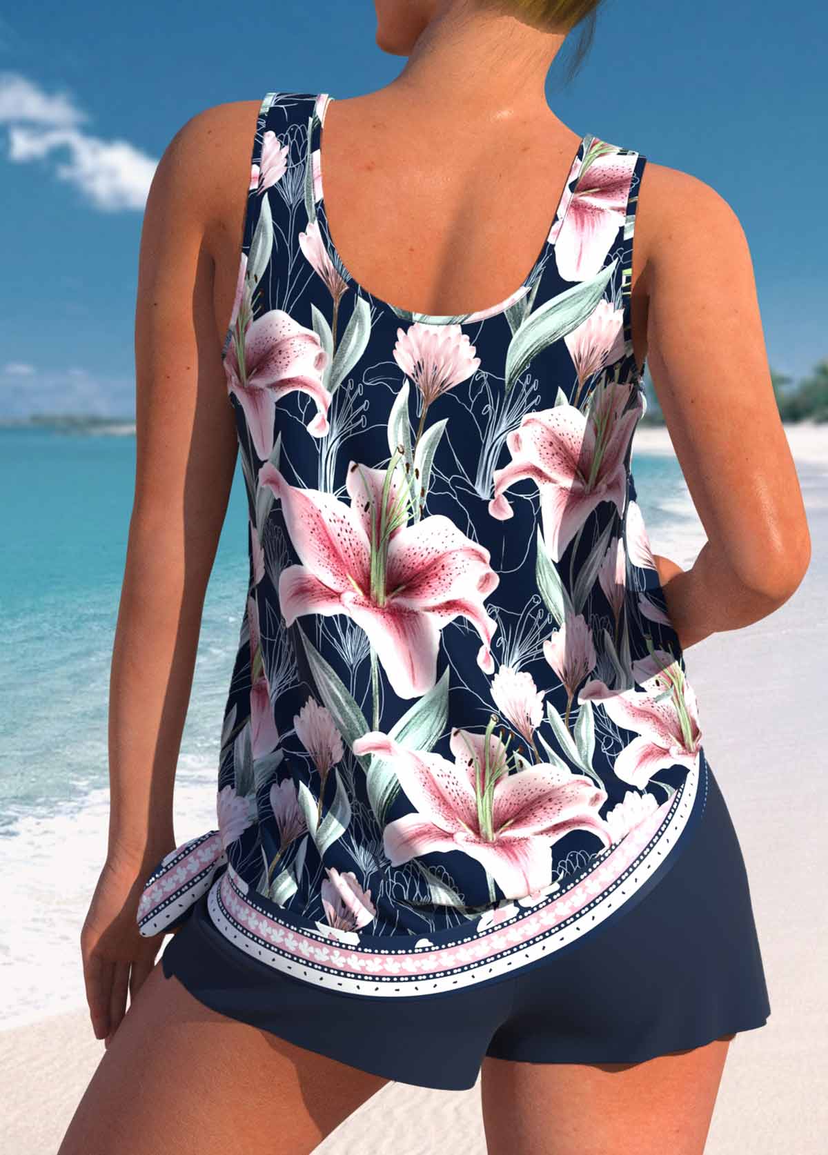 Mid Waisted Floral Print Bowknot Navy Tankini Set | Rosewe.com - USD $36.98