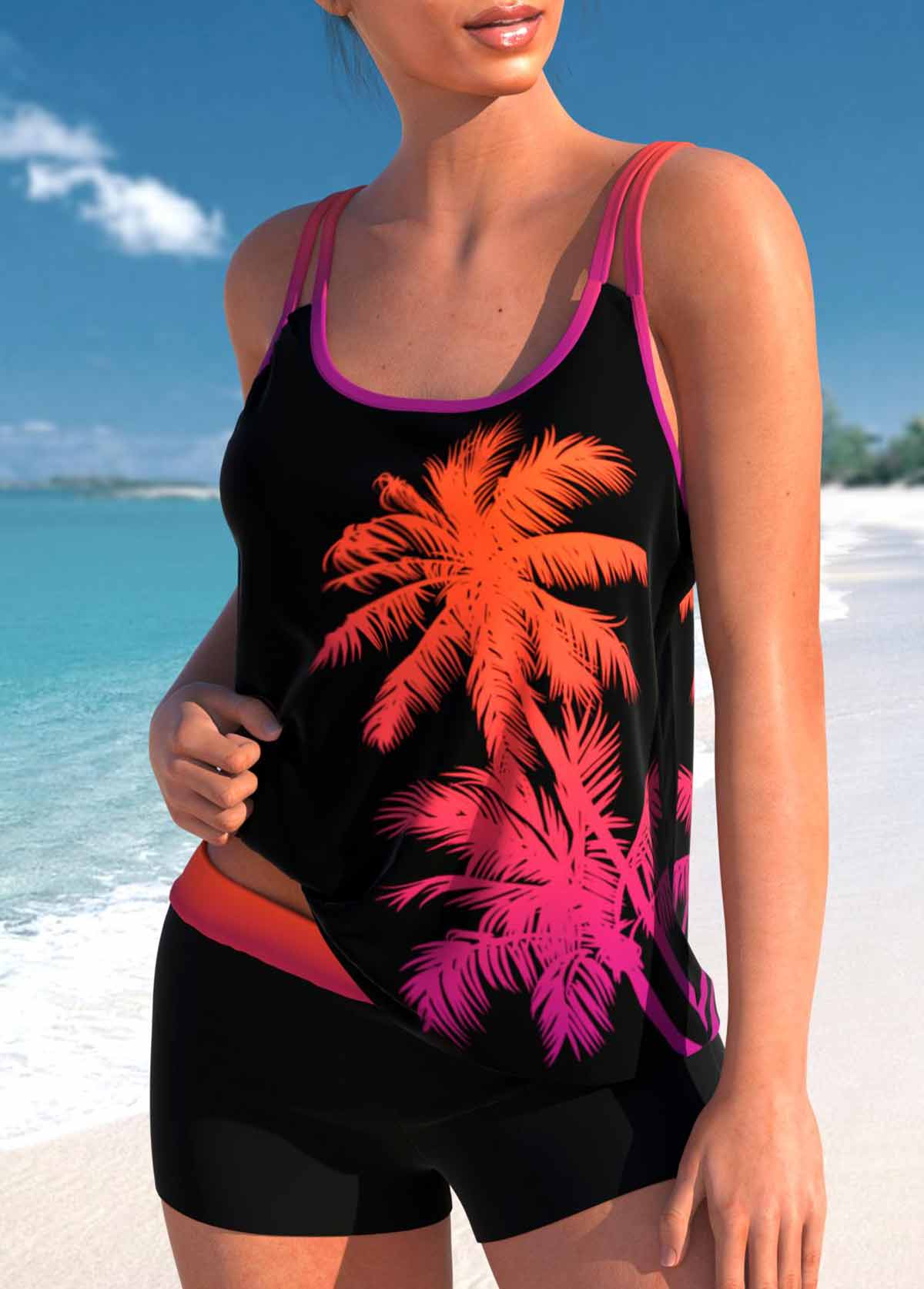 Mid Waisted Tropical Plants Print Contrast Binding Tankini Set | Rosewe ...