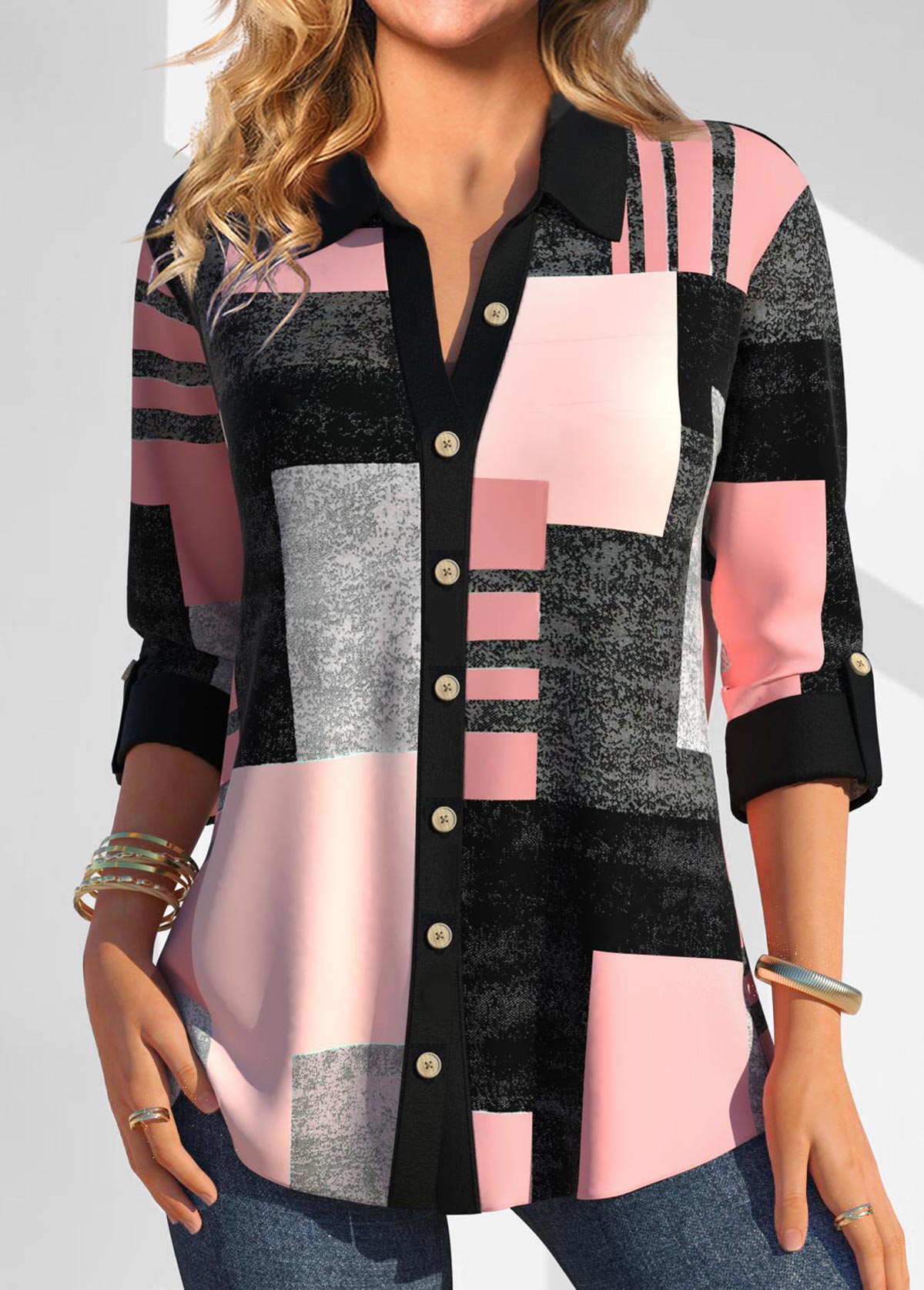 Geometric Print Button Pink Three Quarter Length Sleeve Blouse | Rosewe ...